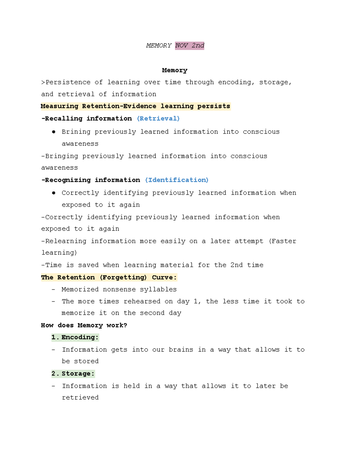 Psych notes CH 8 - MEMORY NOV 2nd Memory Persistence of learning over ...