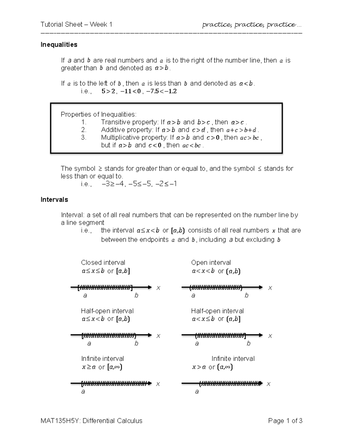 MAT135H5Y - TS W1 - tutorial - Tutorial Sheet – Week 1 practice ...