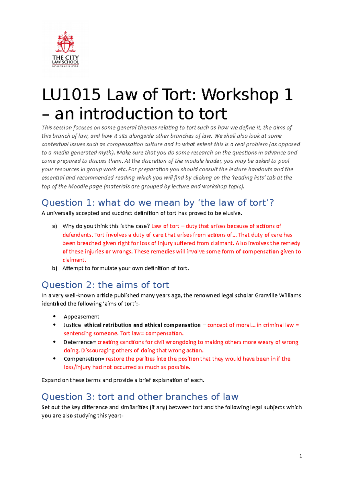 Tort LU1015 WS 1 Intro - LU1015 Law of Tort: Workshop 1 – an ...