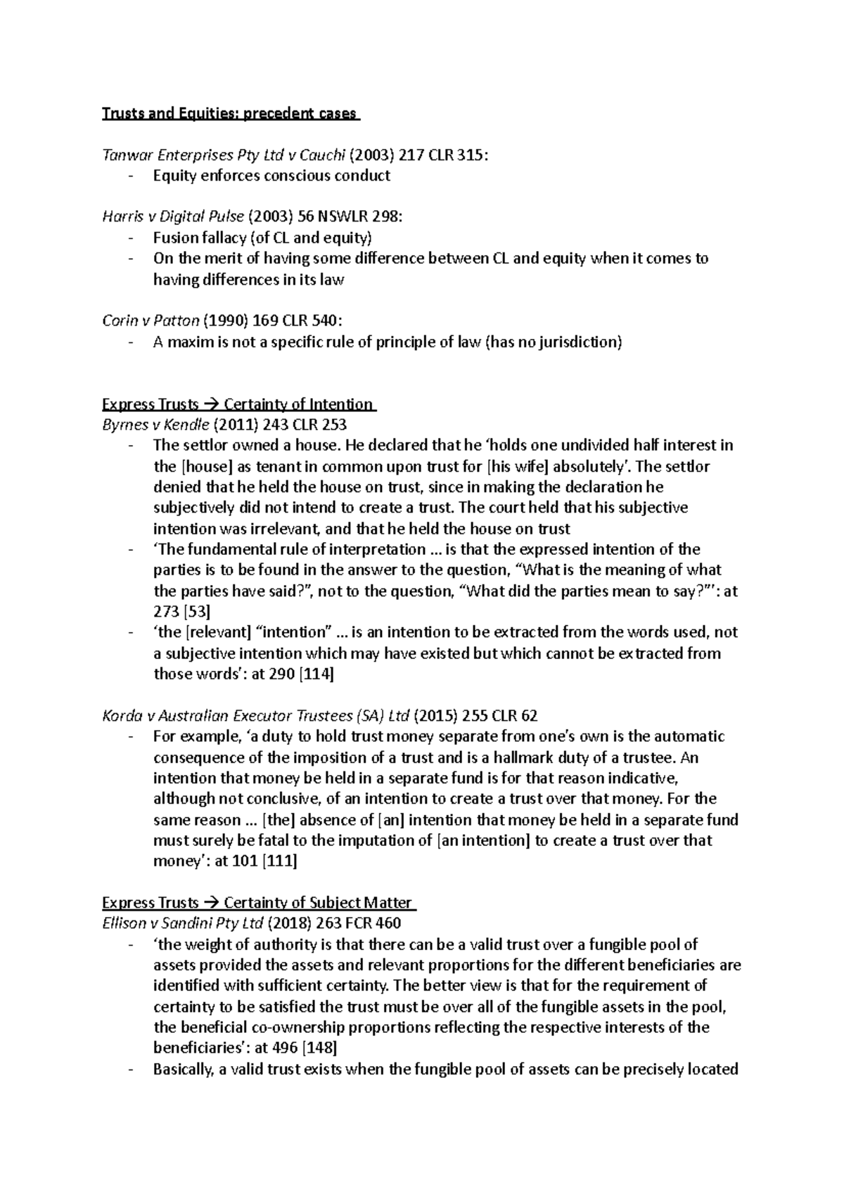 Precedent Cases - LAWS2704 - UQ - Studocu