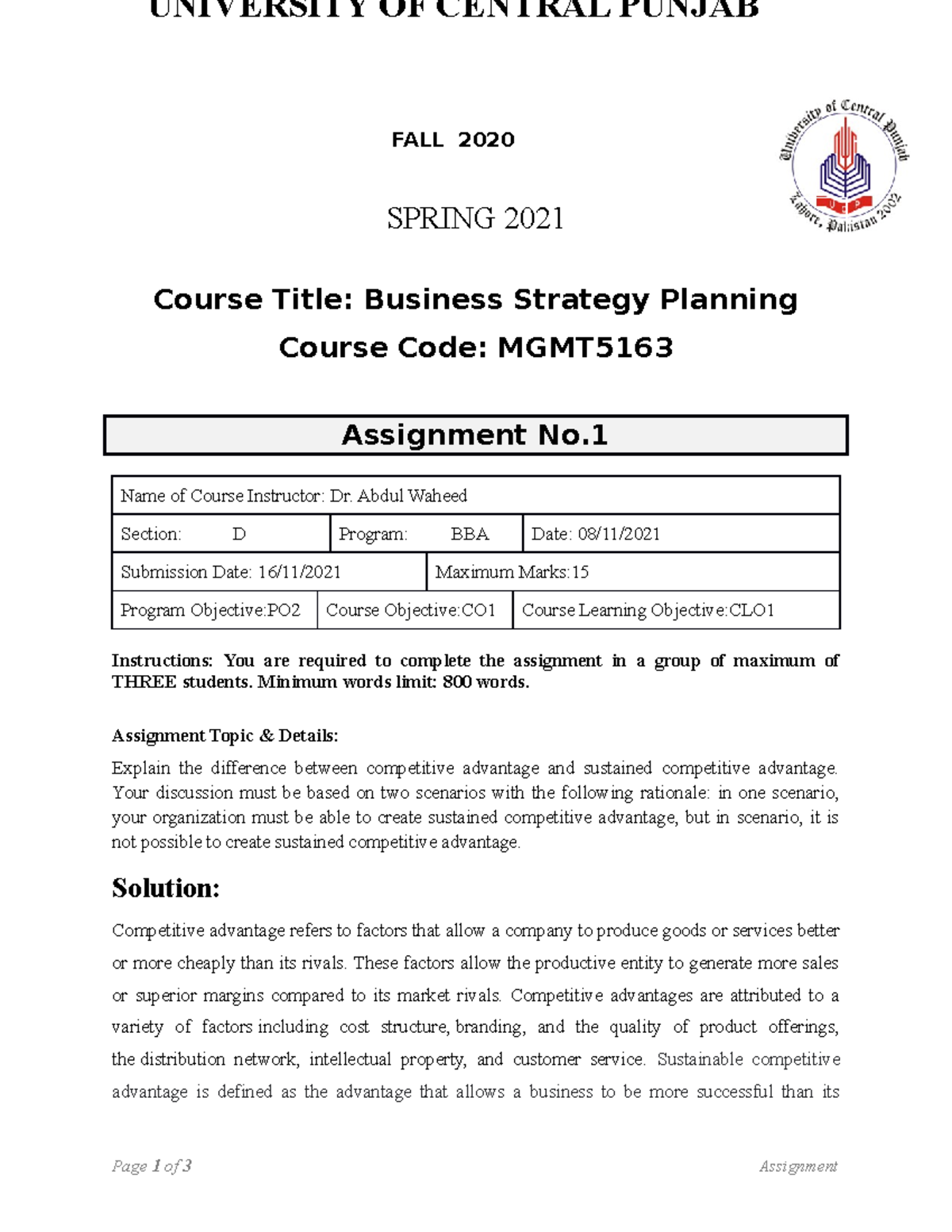 Strategy ass1 - Assignment 1 from chapter number one and - UNIVERSITY ...