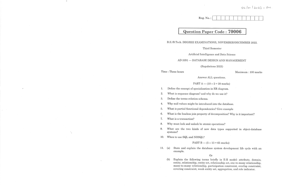 AD3391 - Database Design and Management R2021 - 2022 Nov - FN Reg. No.: Question Paper Code ...