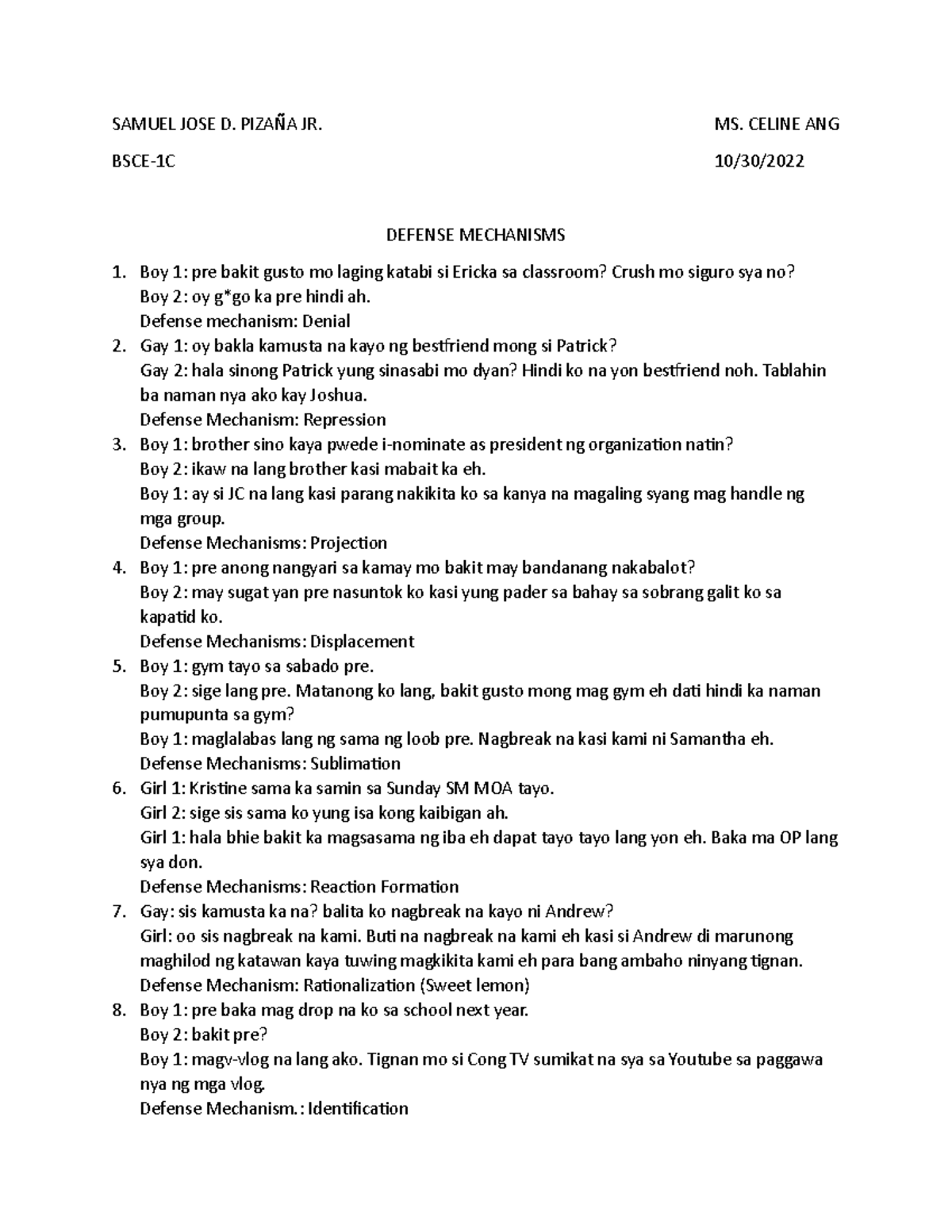 UTS Defense Mechanisms - SAMUEL JOSE D. PIZAÑA JR. MS. CELINE ANG BSCE ...