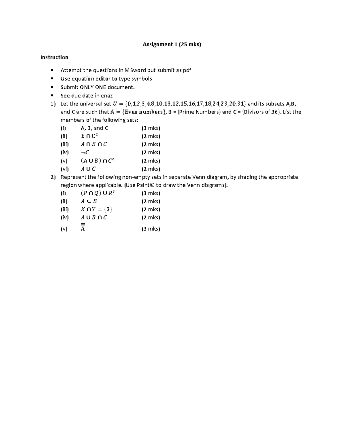 Basic Math Assignment - Assignment 1 (25 mks) Instruction Attempt the questions in MSword but ...