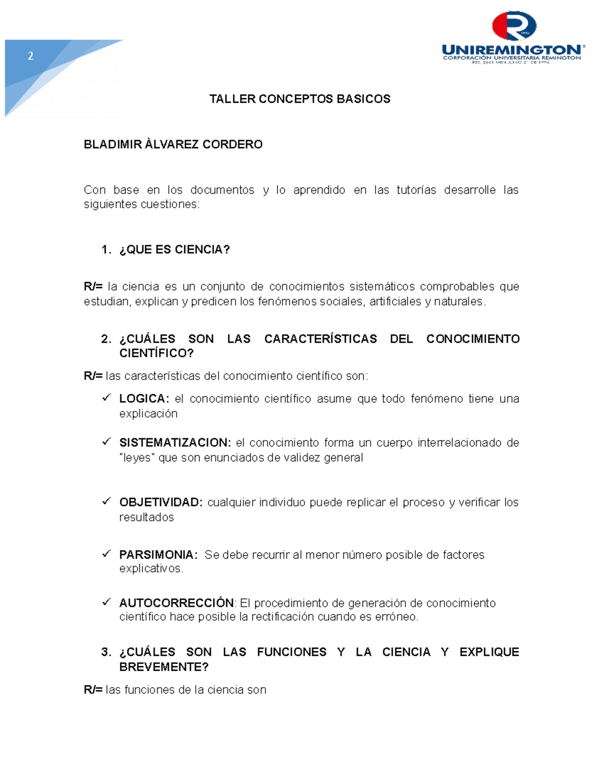 Taller Conceptos Basicos - TALLER CONCEPTOS BASICOS BLADIMIR ÀLVAREZ CORDERO Con base en los ...