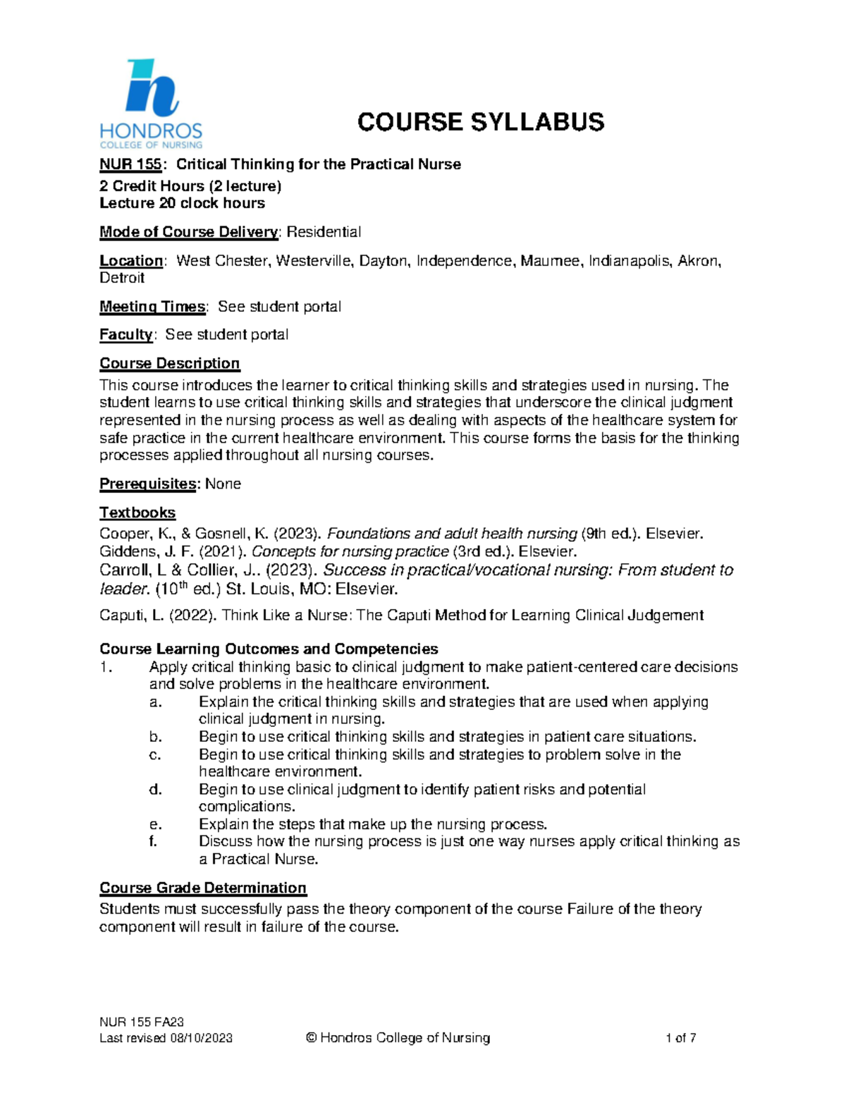 NUR 155 Syllabus FA23 - notes - COURSE SYLLABUS NUR 155 FA 23 NUR 155 ...
