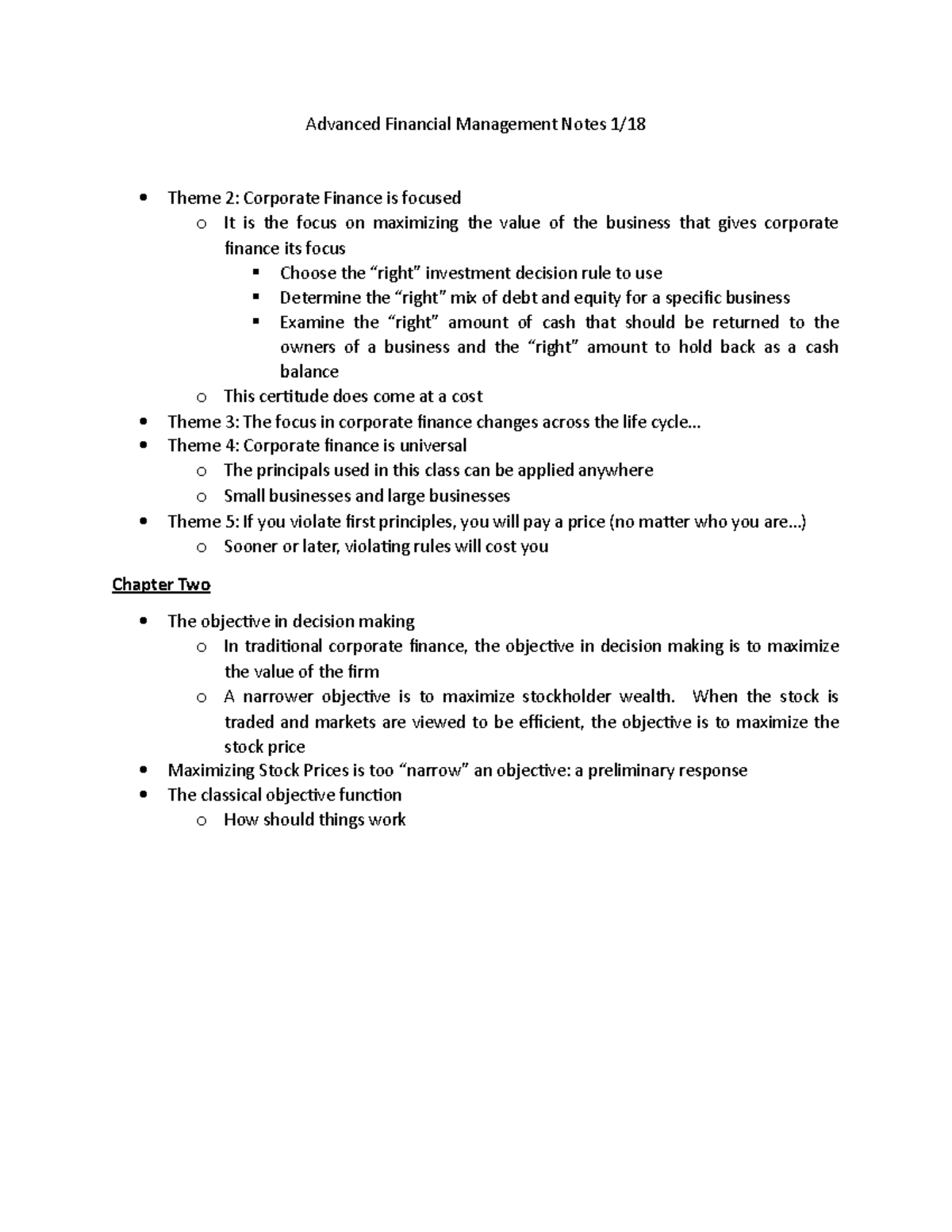 January 15th Notes Advanced Financial Management Notes 1 18 Theme 2 January 15th Notes Advanced Financial Management Notes 1 18 Theme 2