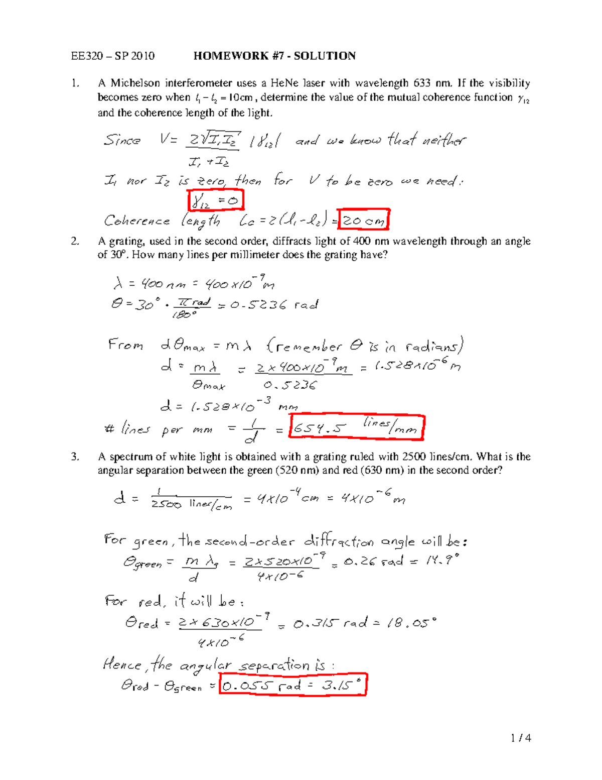 EE320 SP2010 Homework 7 solution - EE320 – SP 2010 HOMEWORK #7 - SOLUTION A Michelson ...
