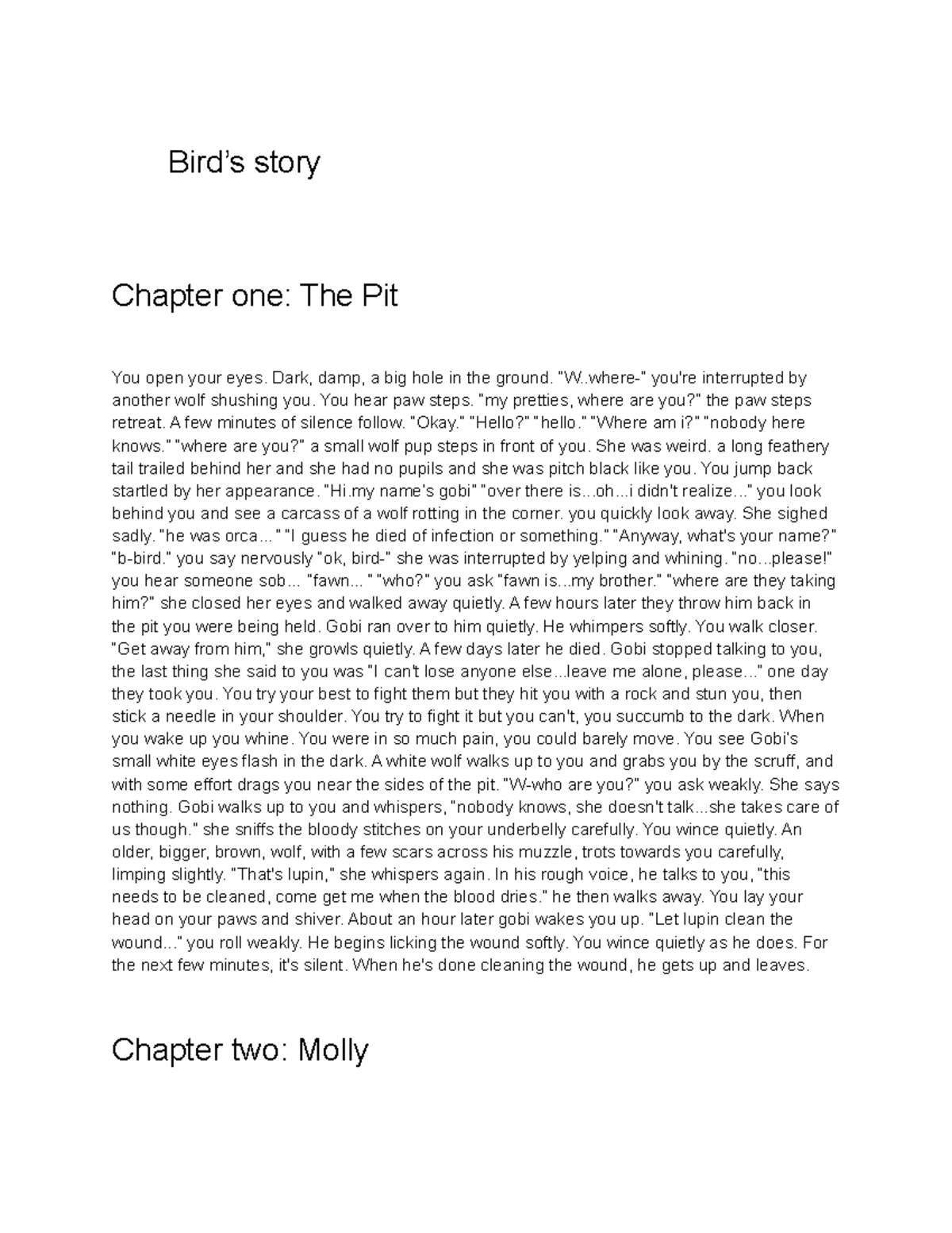 Bird’s story - own writeup - Bird’s story Chapter one: The Pit You open ...