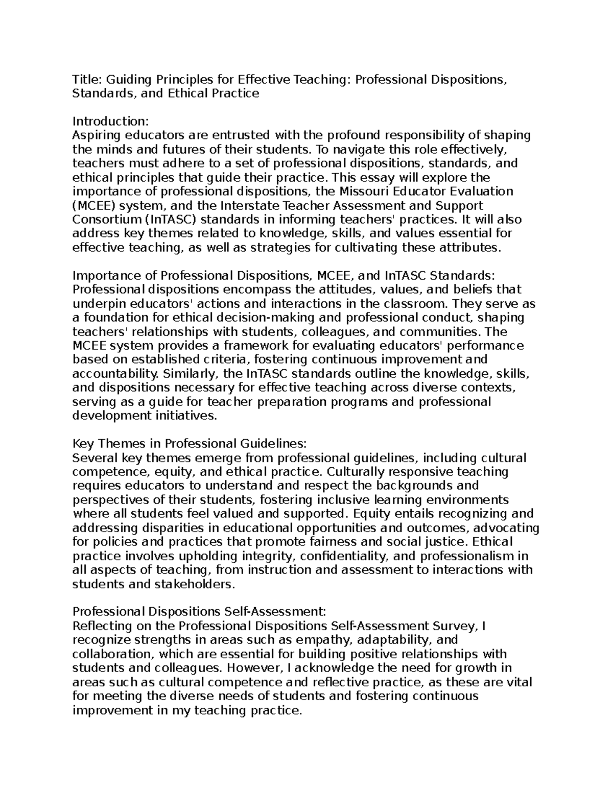 Professionalism and Ethics - Title: Guiding Principles for Effective Teaching: Professional ...