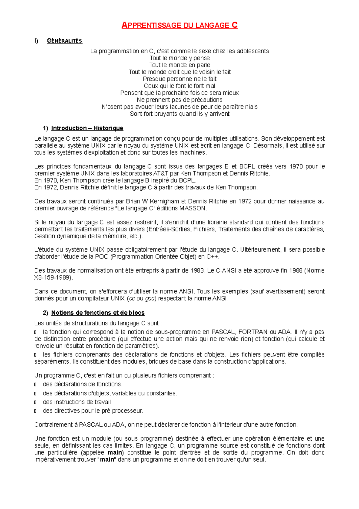 Langage C Apprentissage - APPRENTISSAGE DU LANGAGE C I) GÉNÉRALITÉS La ...