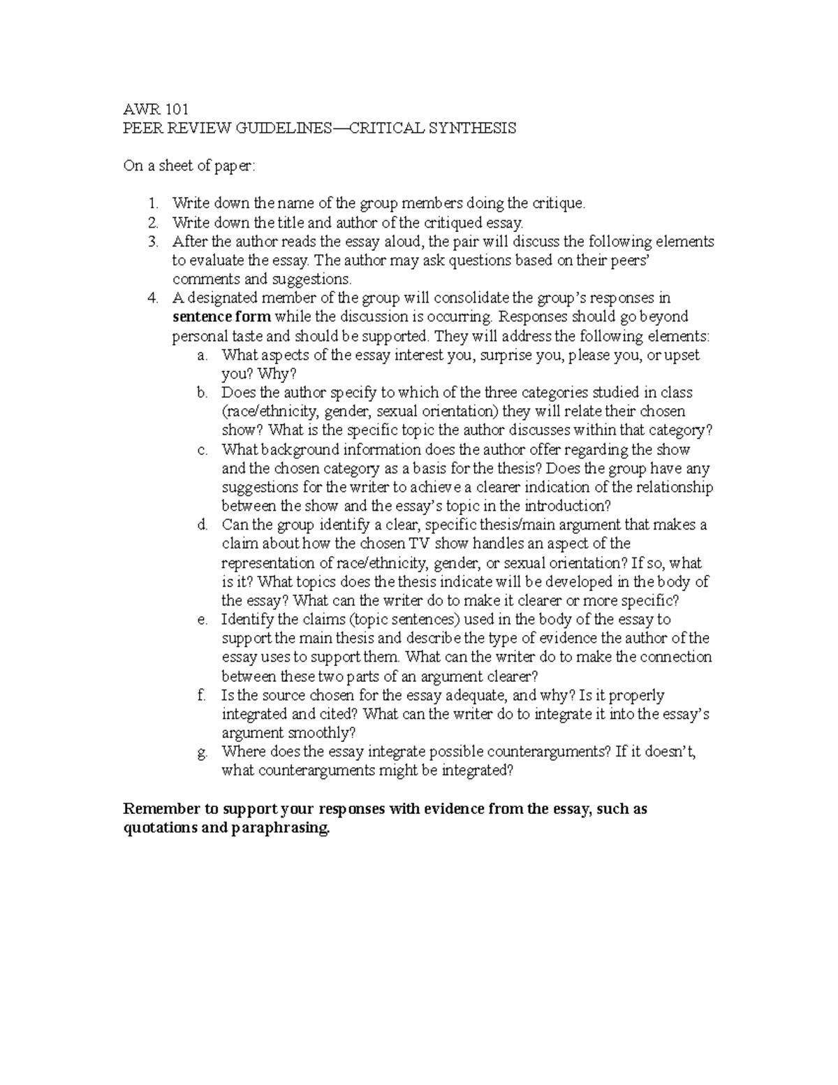 PEER Review Guidelines Critical-Synthesis - AWR 101 PEER REVIEW ...