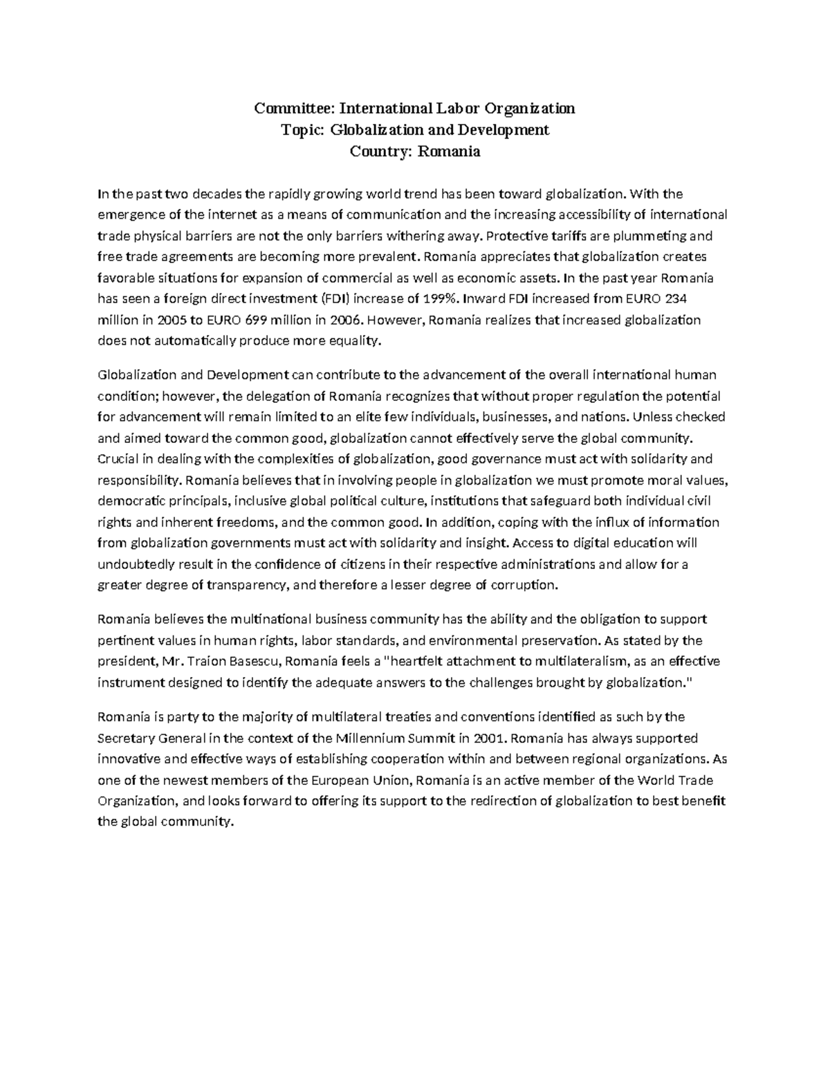 Position paper sample - Committee: International Labor Organization ...