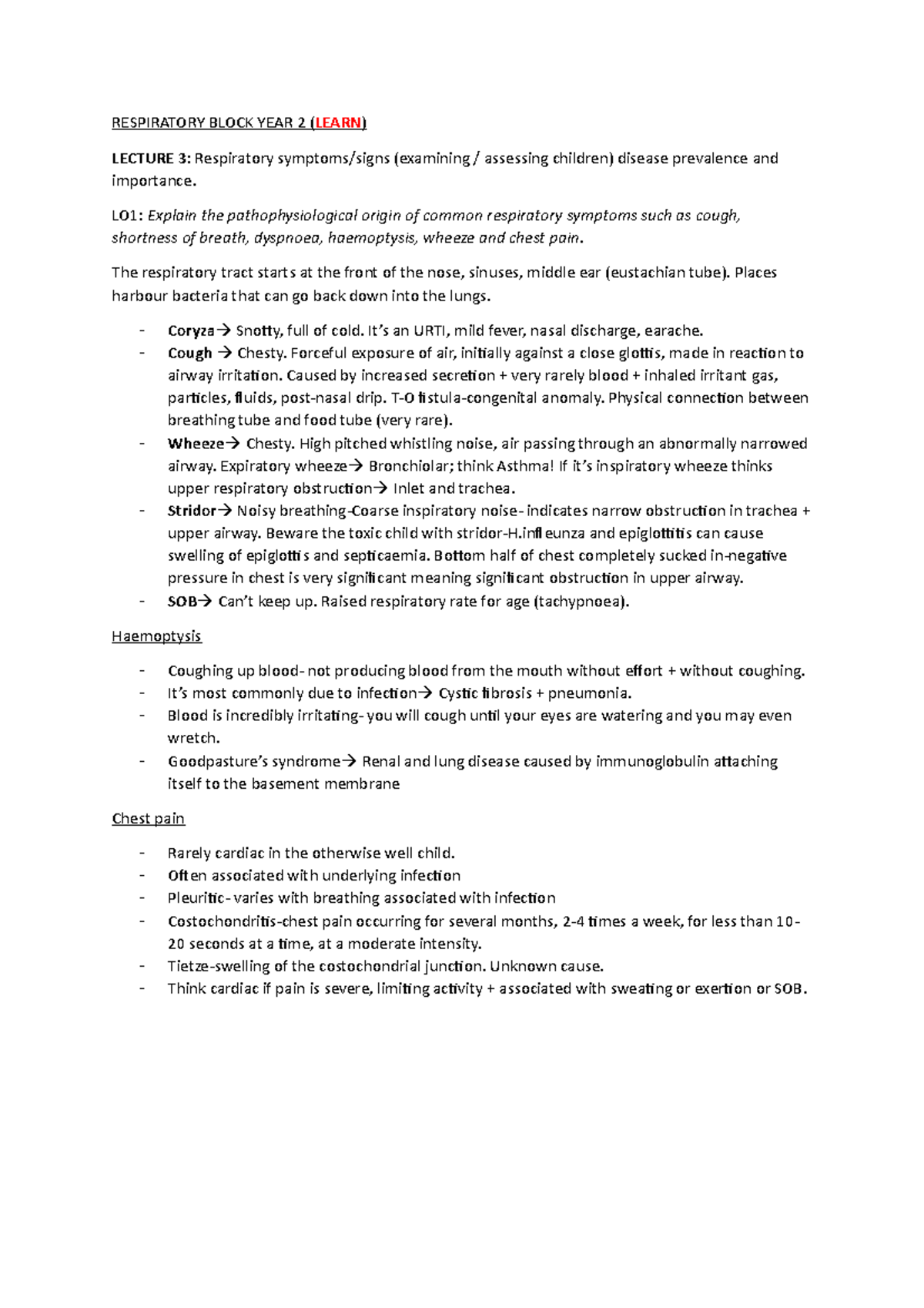 Resp Revision - Lecture notes 1-20 - RESPIRATORY BLOCK YEAR 2 (LEARN ...