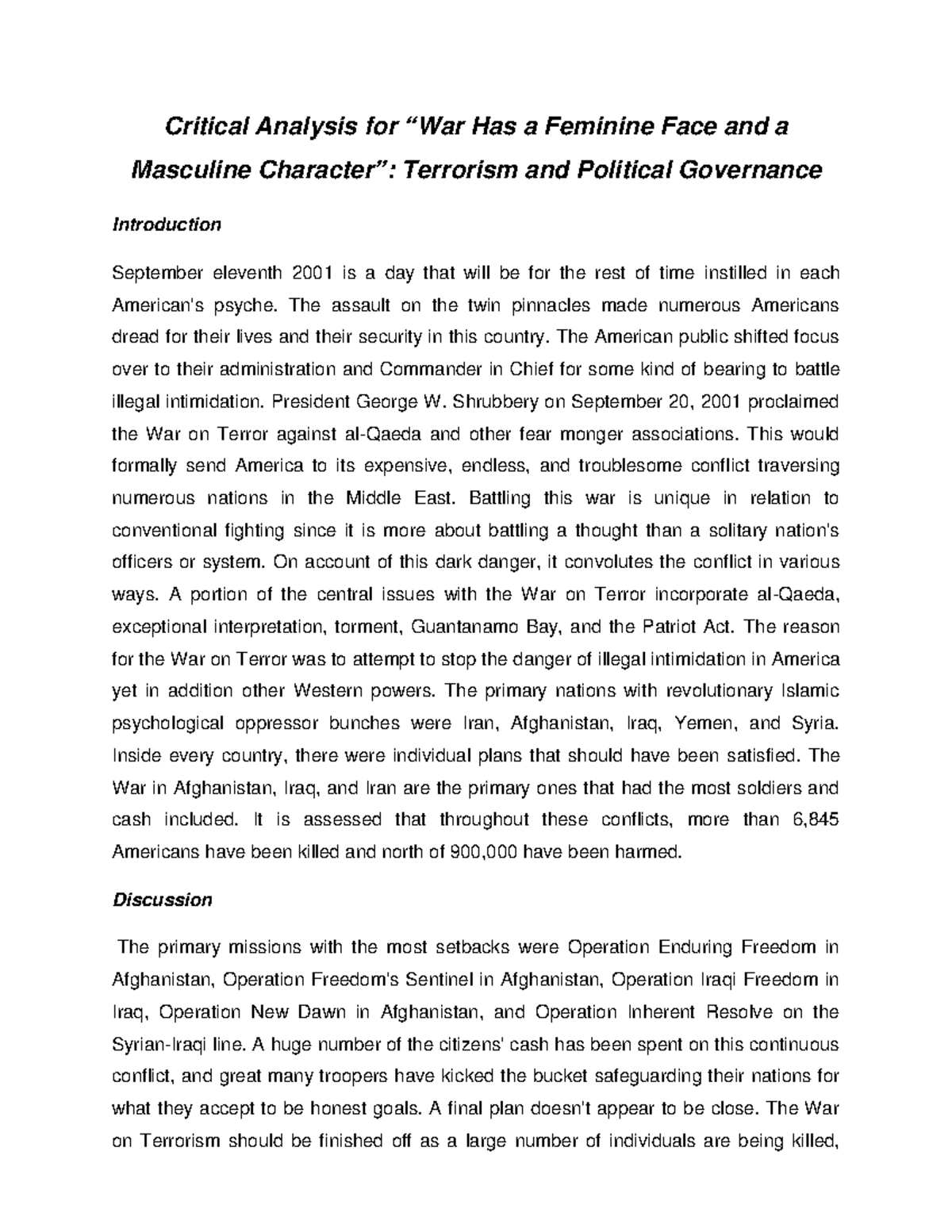 Critical Analysis for “War Has a Feminine Face and a Masculine ...