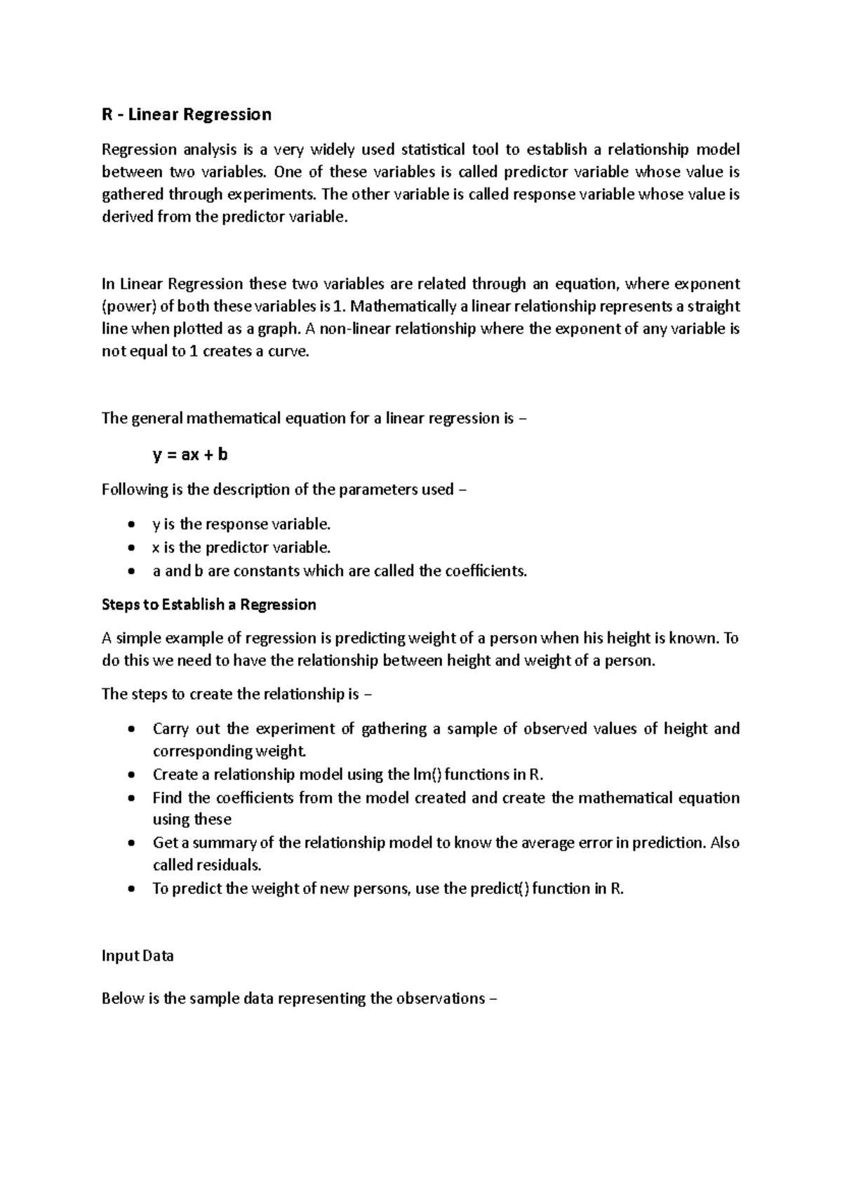 Ex 6 b Linear regression - R - Linear Regression Regression analysis is ...