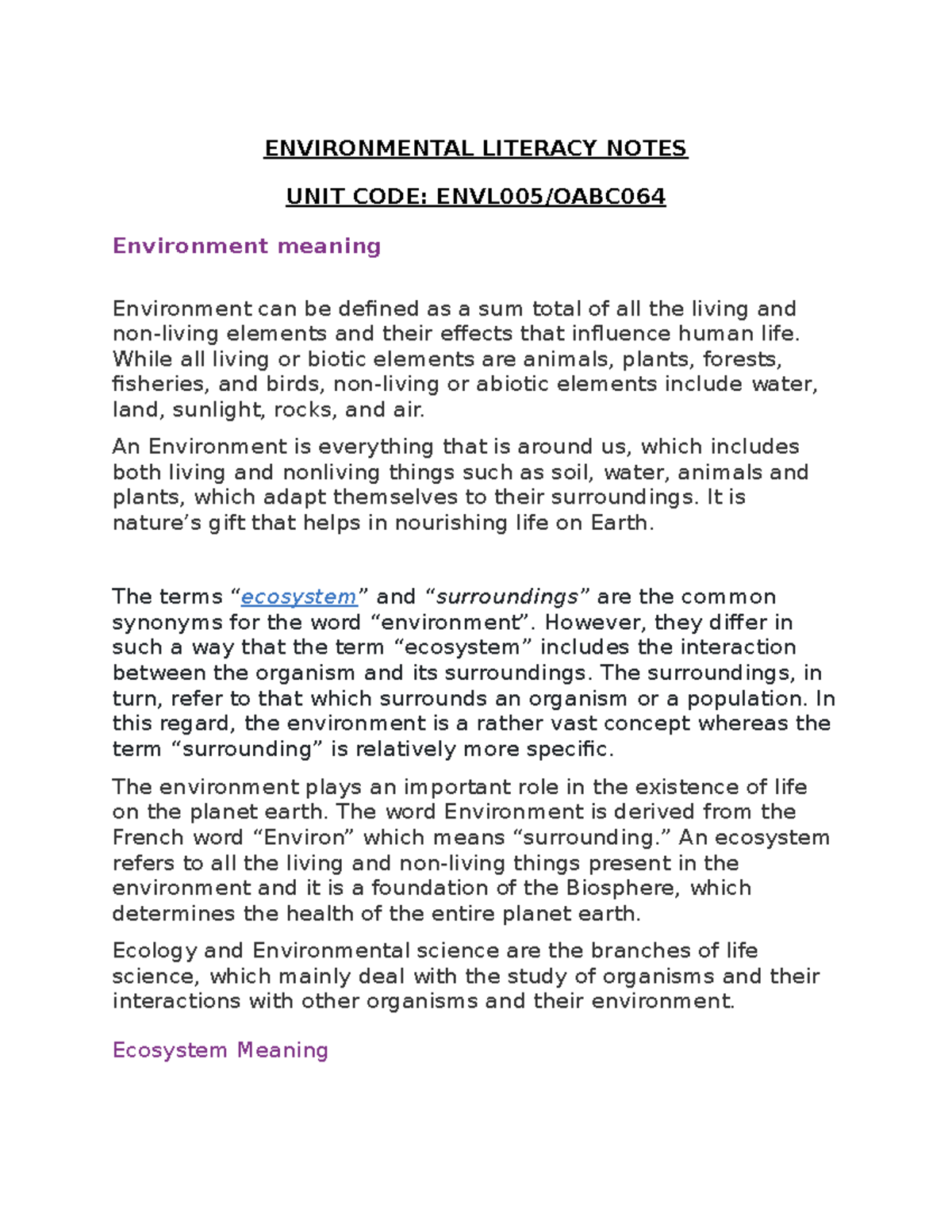 Topic 1 - note - ENVIRONMENTAL LITERACY NOTES UNIT CODE: ENVL005/OABC ...