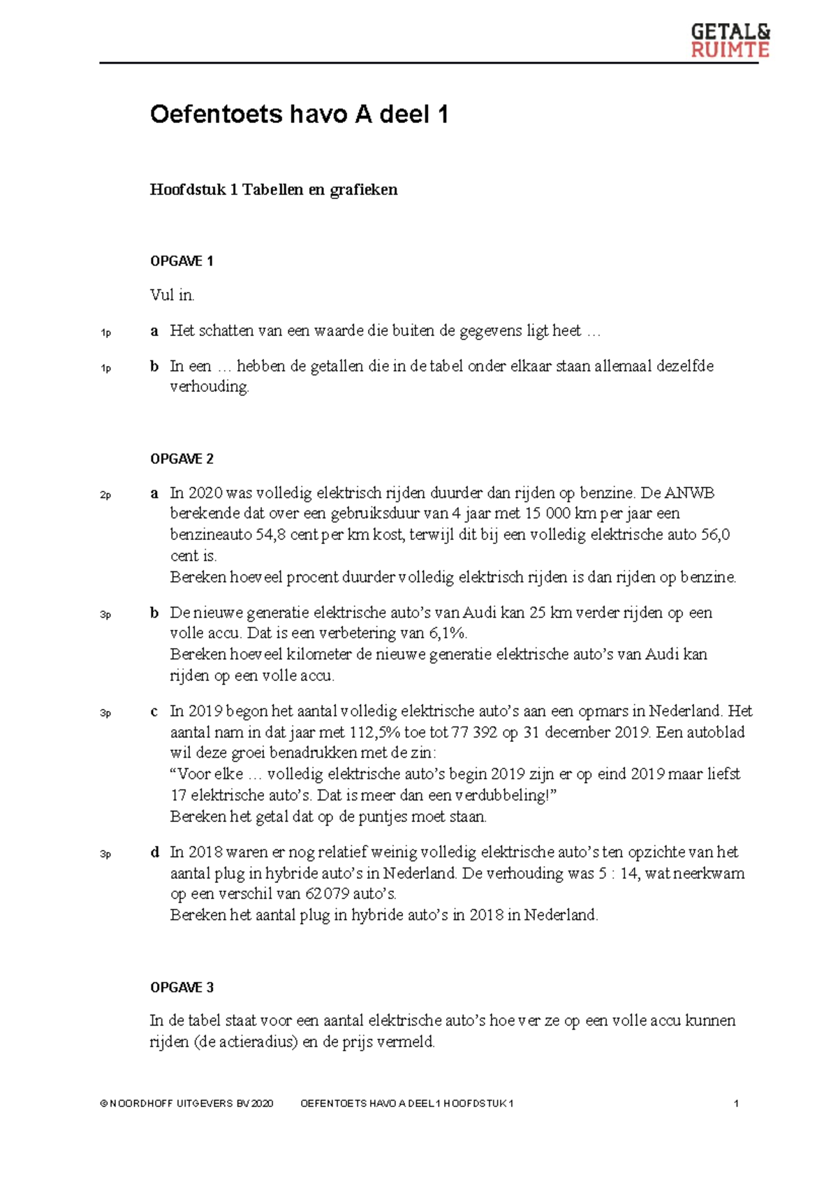 H1 Oefentoets wisk a - Oefentoets havo A deel 1 Hoofdstuk 1 Tabellen en grafieken OPGAVE 1 Vul ...