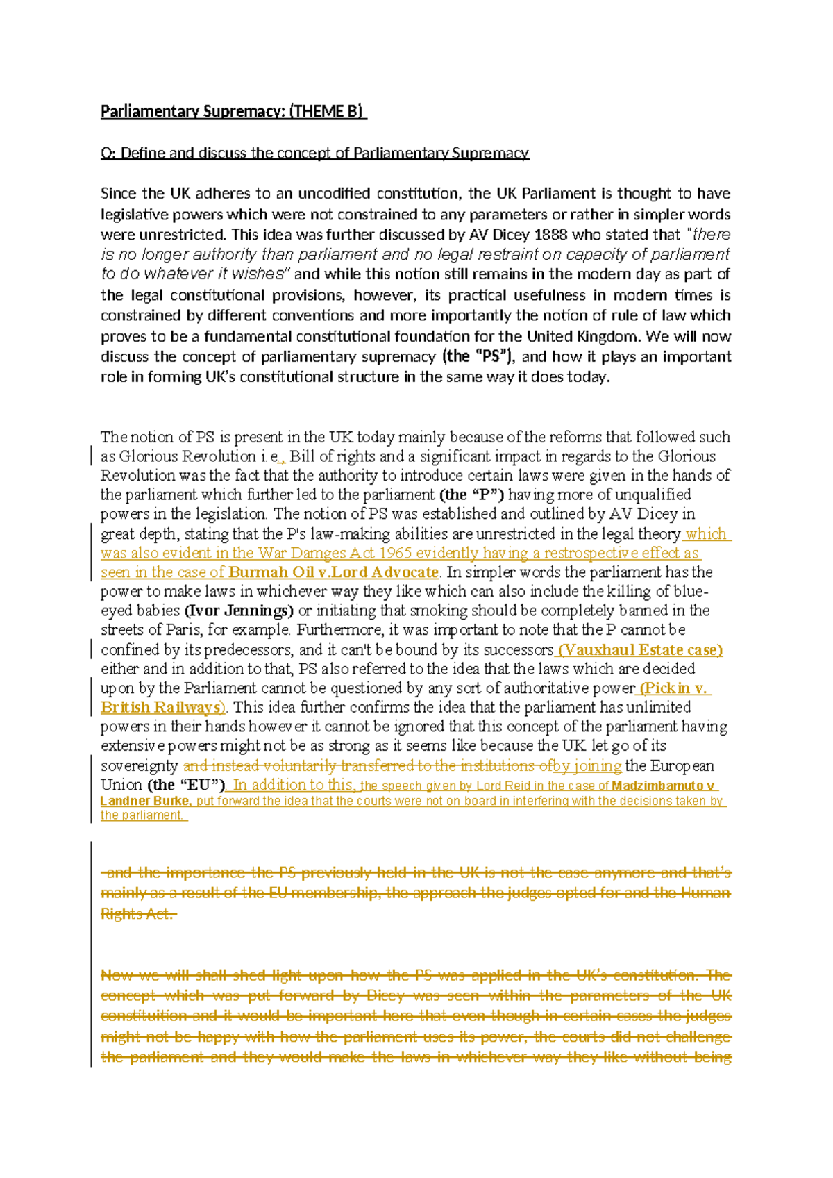 Parliamentary Supremacy theme A and B exam answer - Parliamentary ...