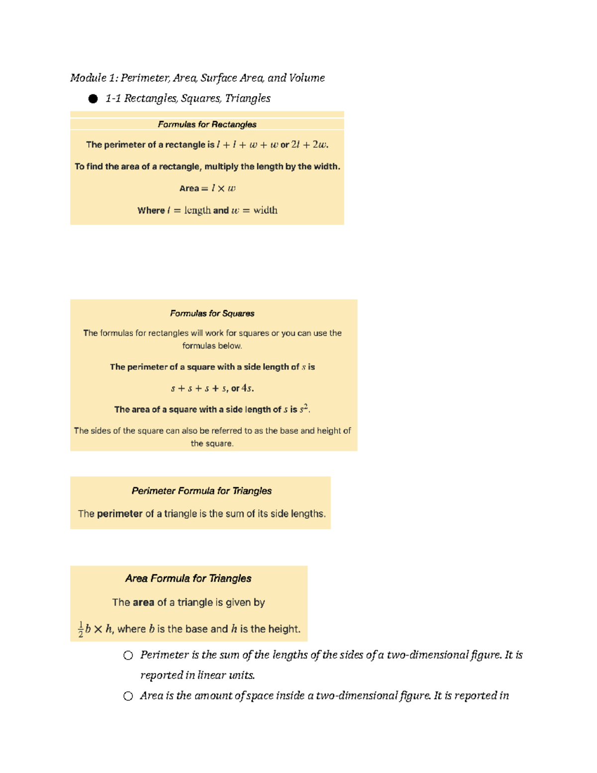 Unit 3 Perimeter, Area, Surface Area, and Volume - Module 1: Perimeter ...