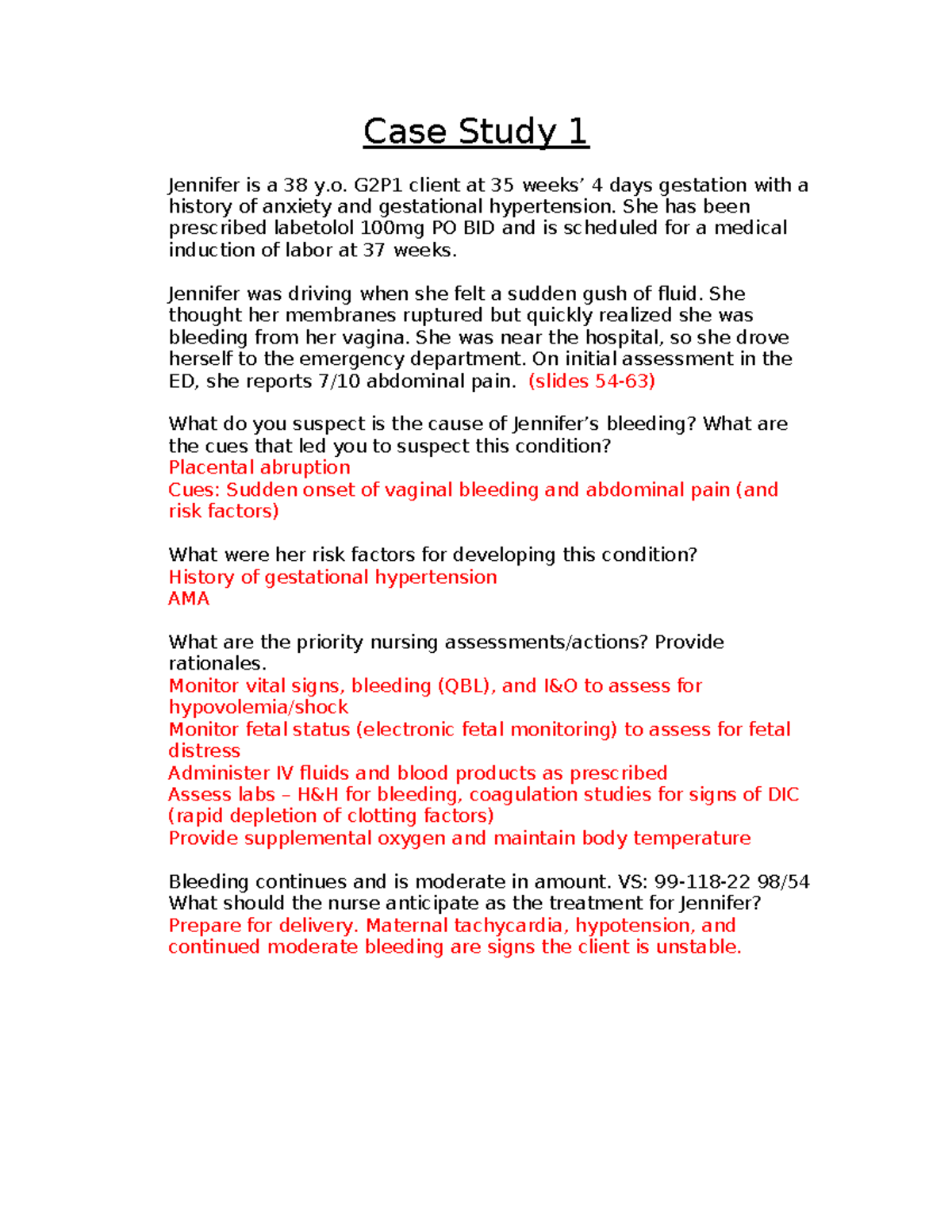 Complications of Pregnancy - Hemorrhagic Disorders Case Studies Answer KEY - Case Study 1 ...