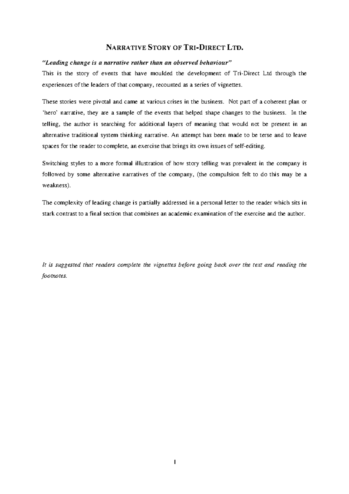 Narrative+story+of+change - NARRATIVE STORY OF TRI-DIRECT LTD. “Leading ...