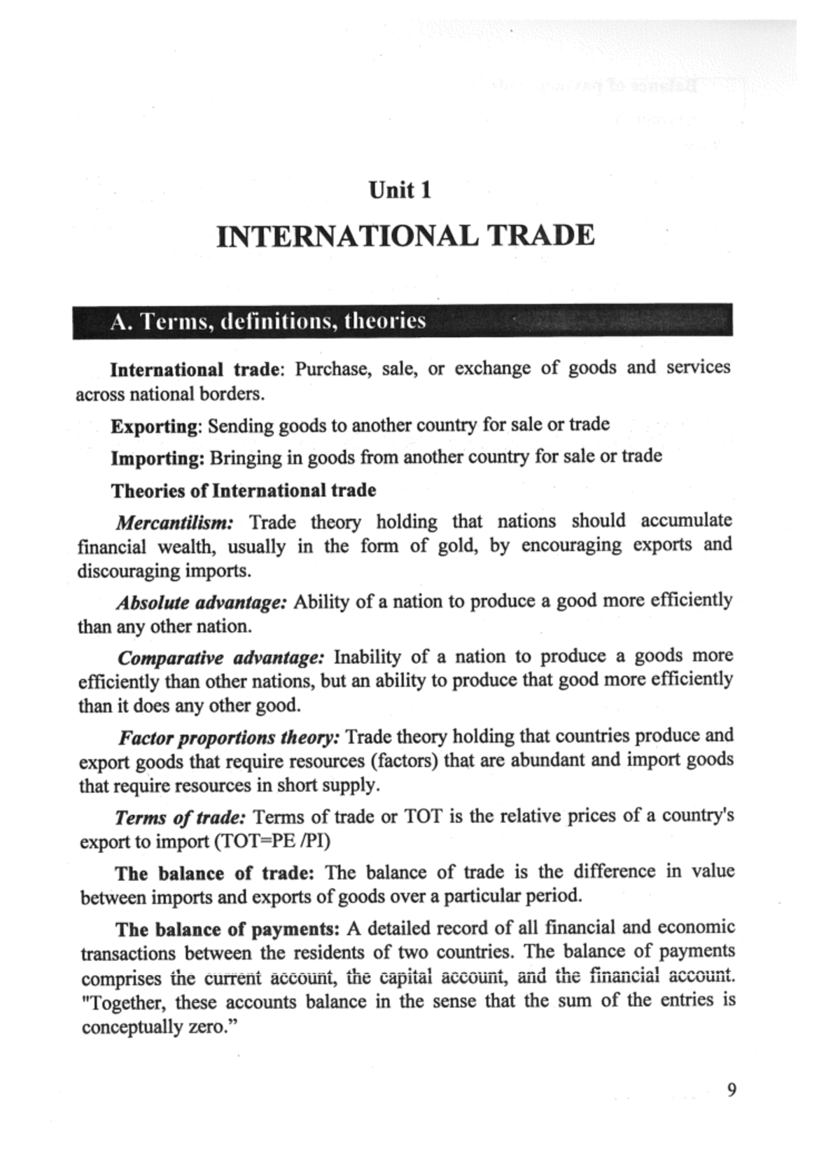 Unit 1 International Trade - Unit 1 INTERNATIONAL TRADE A. Terms ...