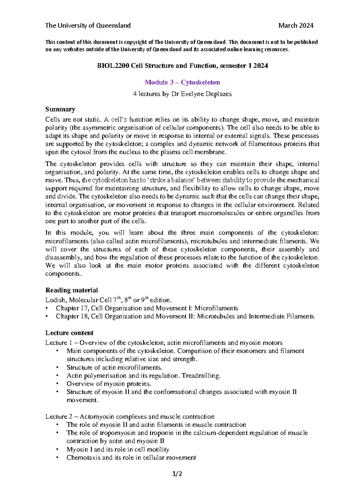 Synopsis of Module 3 - Cytoskeleton - The University of Queensland ...
