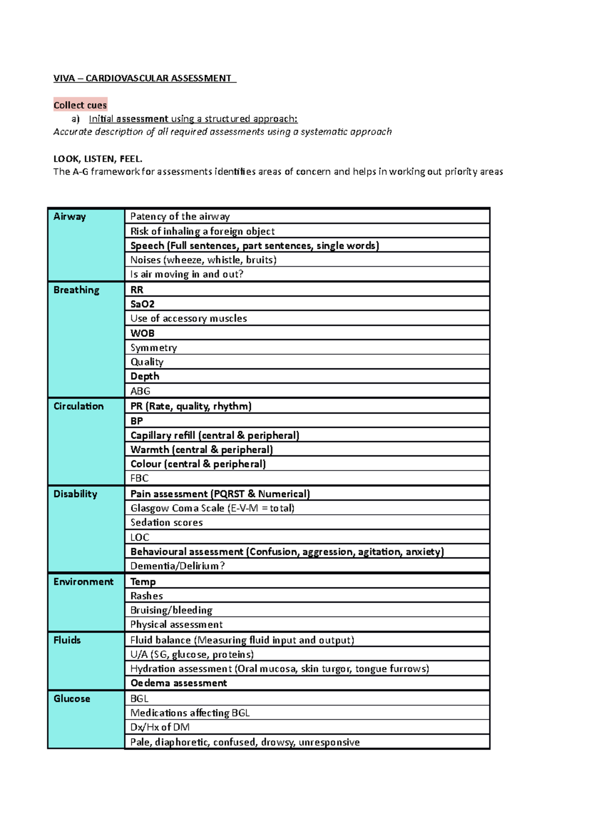 VIVA-Cardio - oral assessment on a patient scenario collect cues and ...