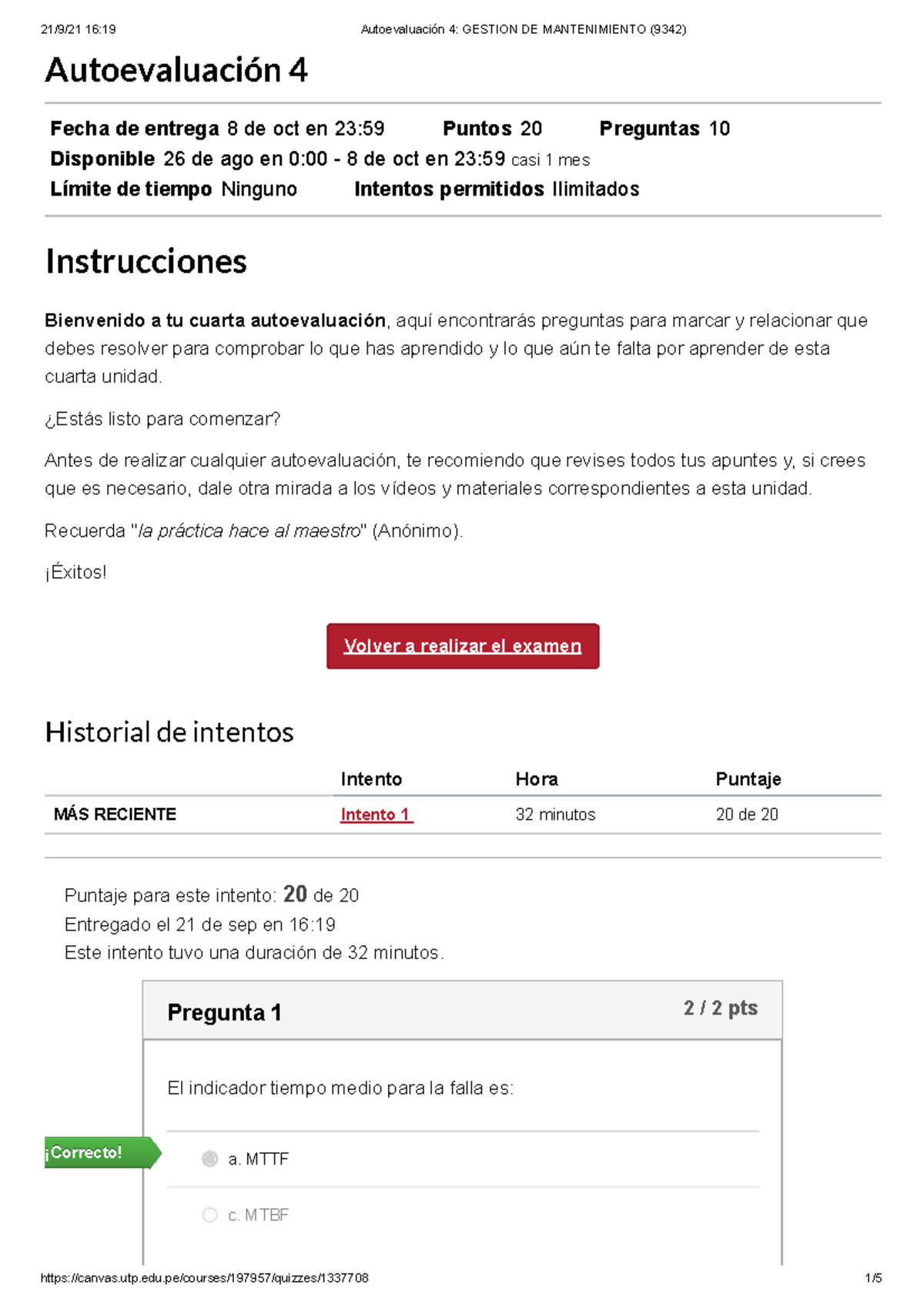 Autoevaluación 4 Gestion DE Mantenimiento (9342) - Autoevaluación 4 Fecha de entrega 8 de oct en ...