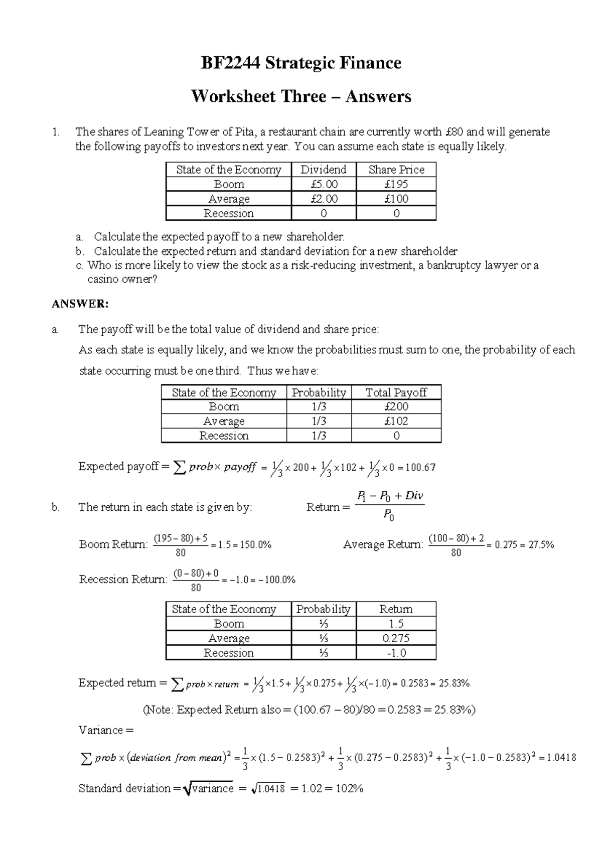 SF Tutorial Three Answers - BF2244 Strategic Finance Worksheet Three ...