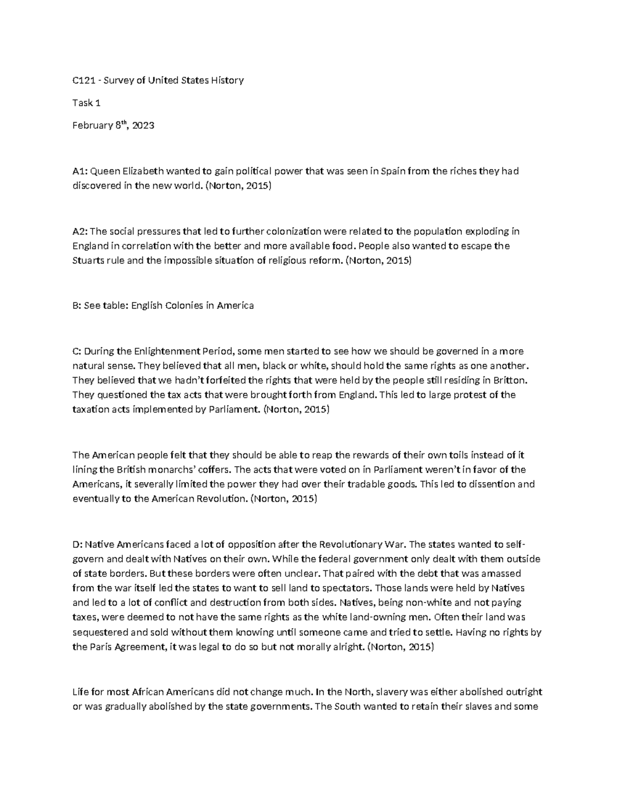C121 task 1 - passed - C121 - Survey of United States History Task 1 ...