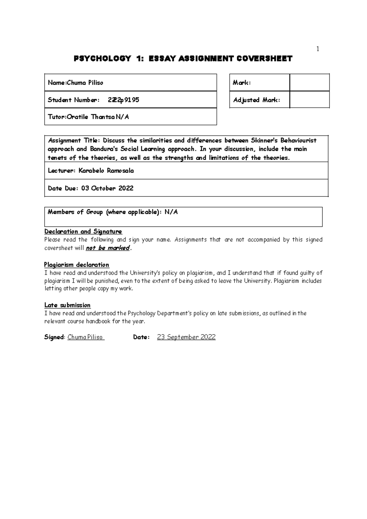 G22P9195 Piliso Chuma Personality essay final draft 8 - 1 PSYCHOLOGY 1 ...