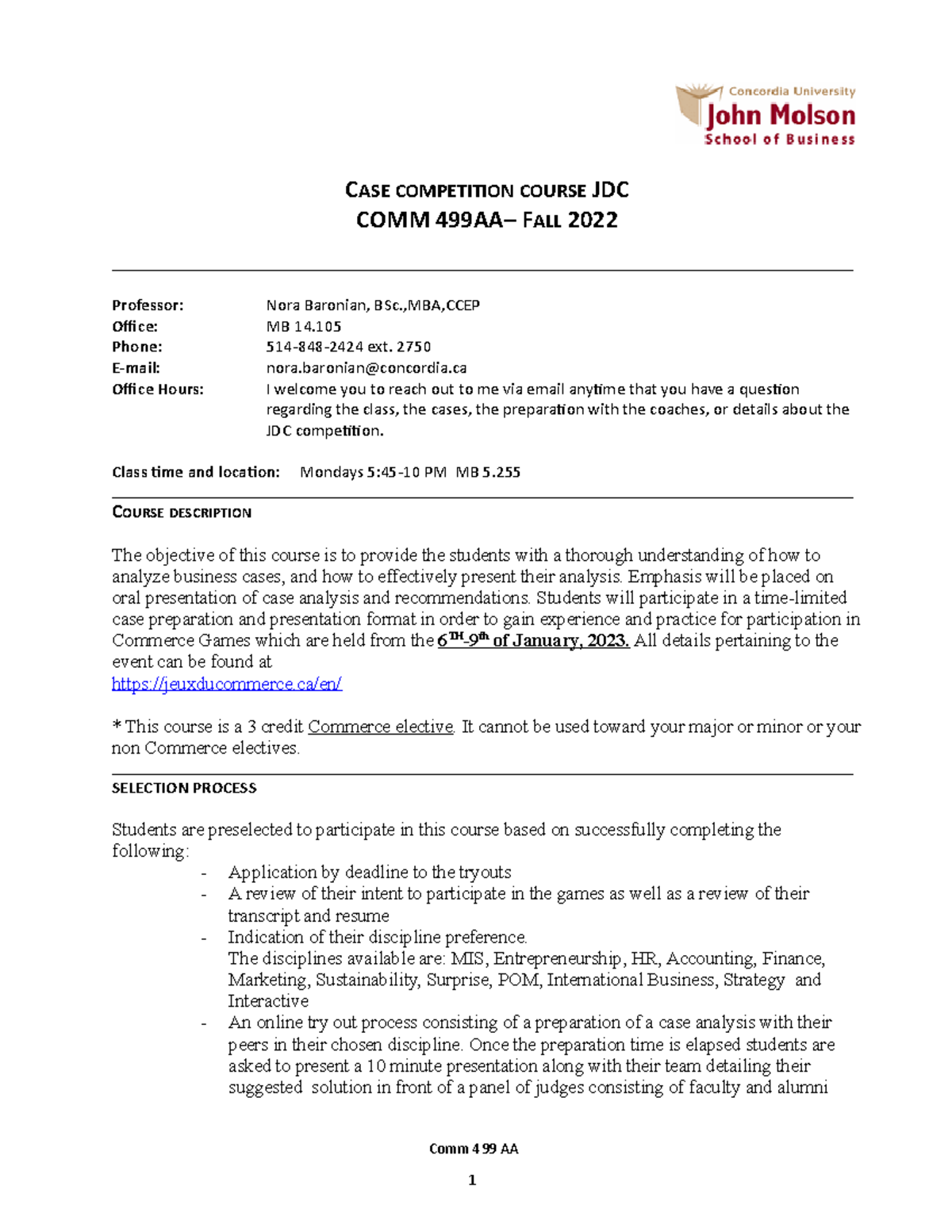 COMM 499 JDC F22-Outline - CASE COMPETITION COURSE JDC COMM 499AA– FALL ...