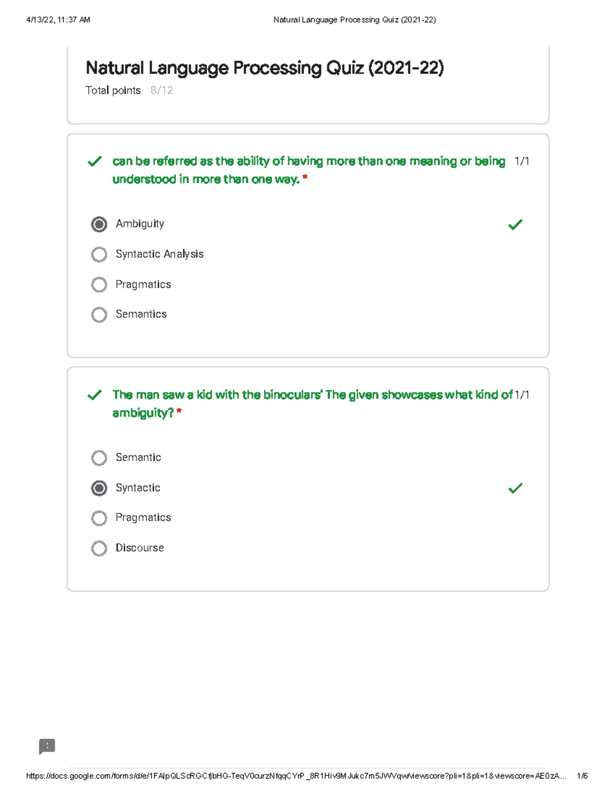 Natural Language Processing Quiz (2021-22) - 1/ Ambiguity Syntactic ...
