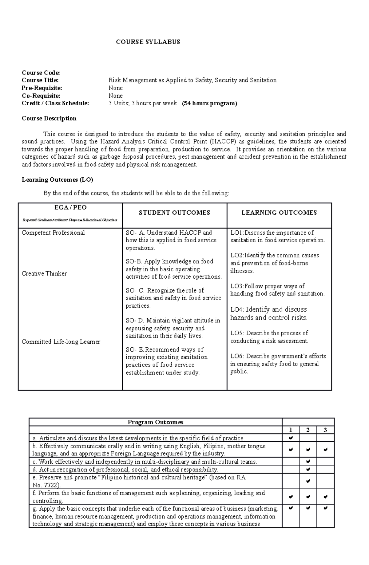 RISK Management AS Applied TO Safety Sanitation Hygiene Syllaus ...