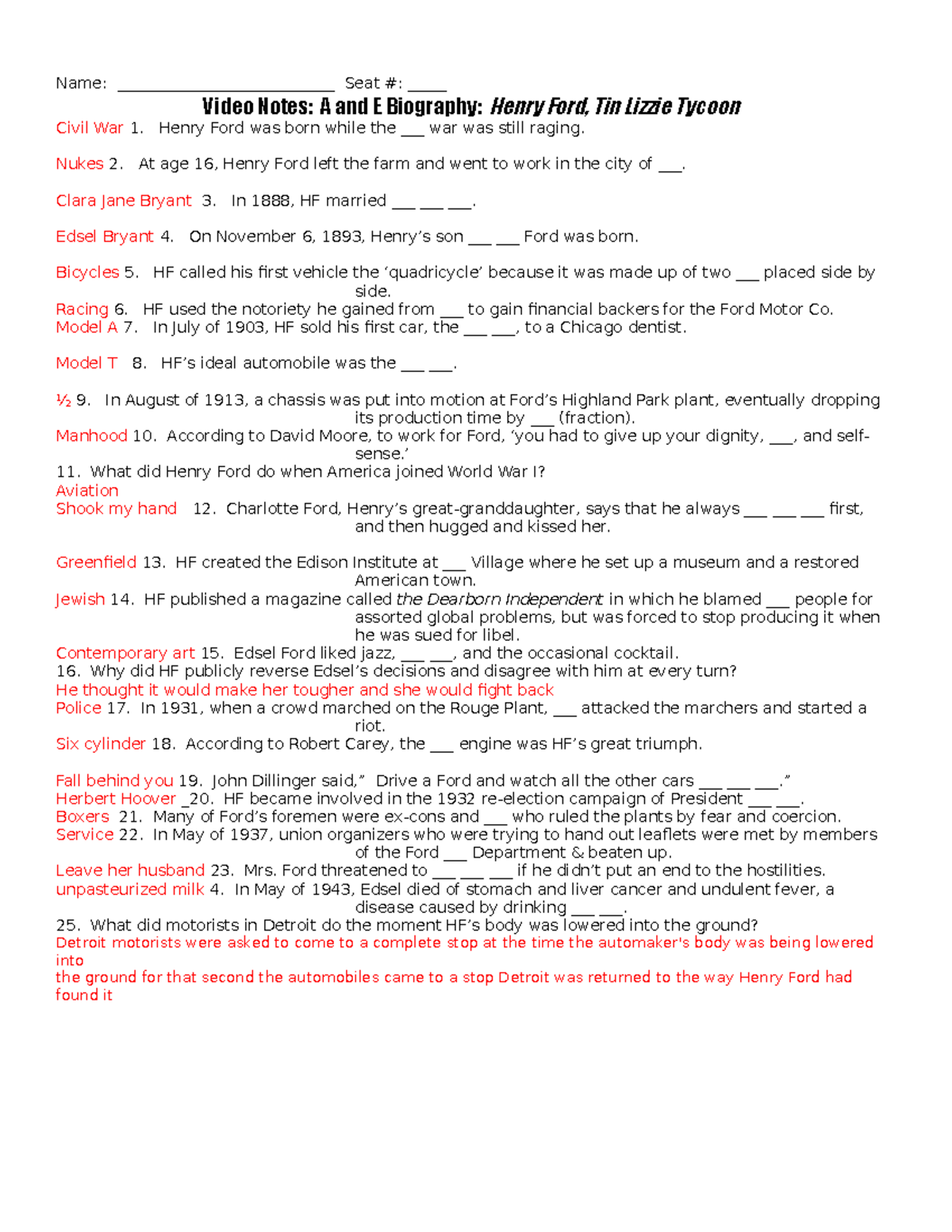 4.2 Video Notes Henry Ford Question and Answer - Name ...