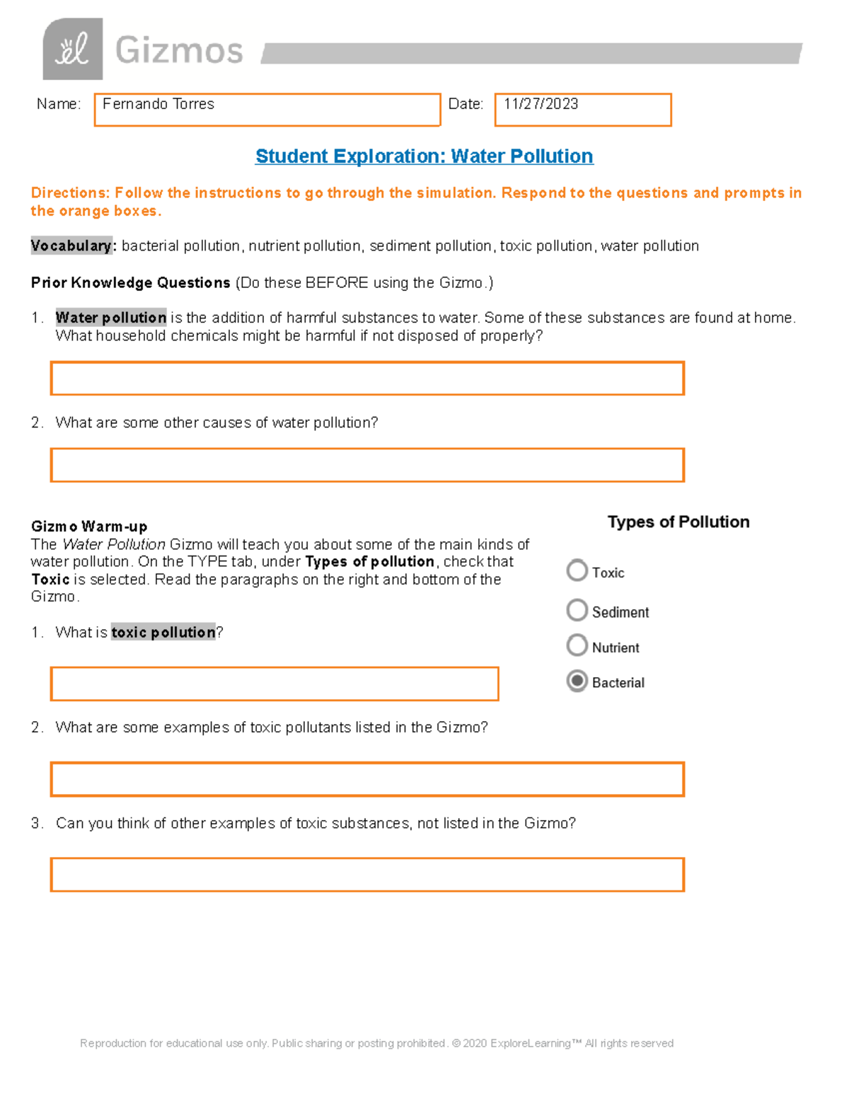 Water Pollution Gizmos - 15050162 - Name: Fernando Torres Date: 11/27 ...
