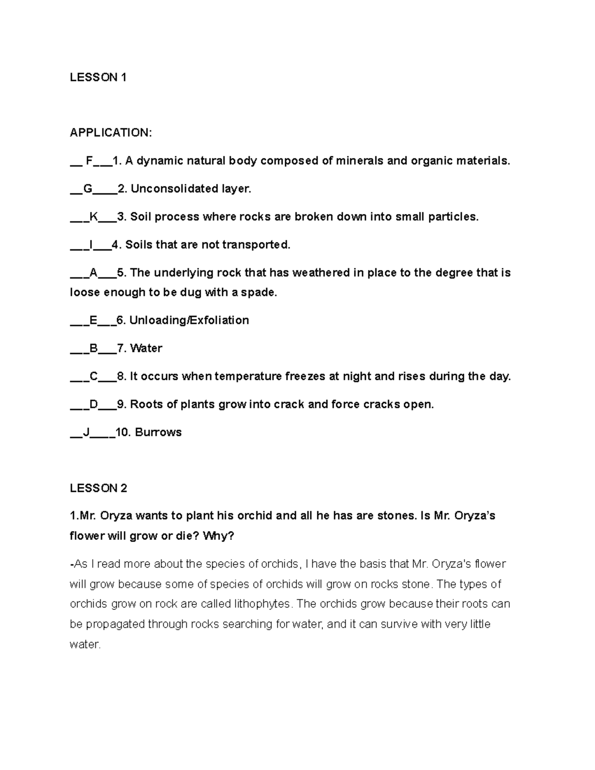 Lesson 1 Soil Science - LESSON 1 APPLICATION: __ F___1. A dynamic ...