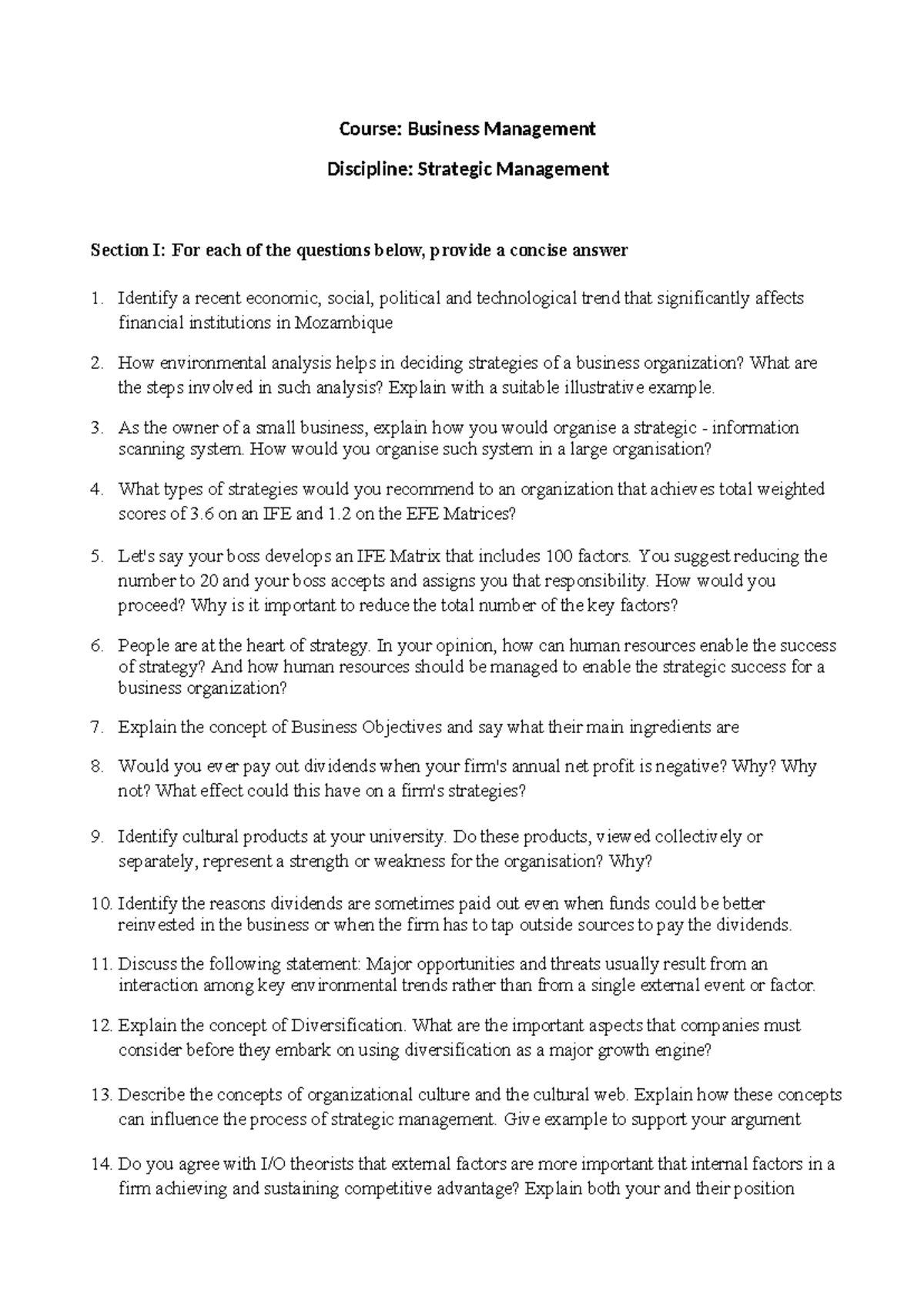 General SM Work - Course: Business Management Discipline: Strategic ...