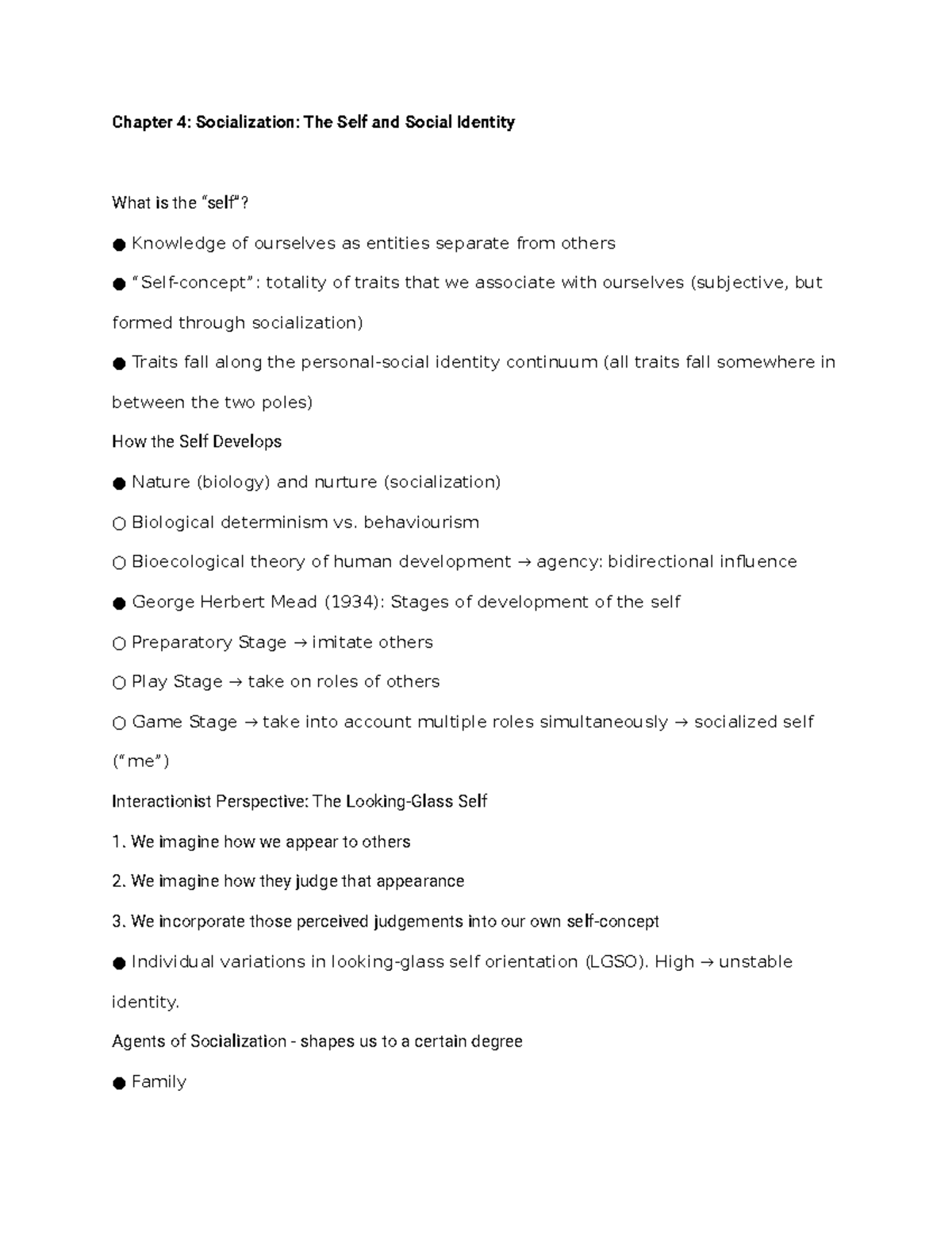SOCI 1016 20F ch4 Socialization The Self and Social Identity - Chapter ...