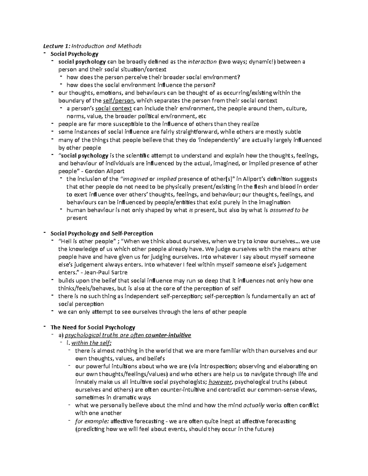 PSYB10 Notes - Lecture 1 : Introduc+on and Methods - Social Psychology ...