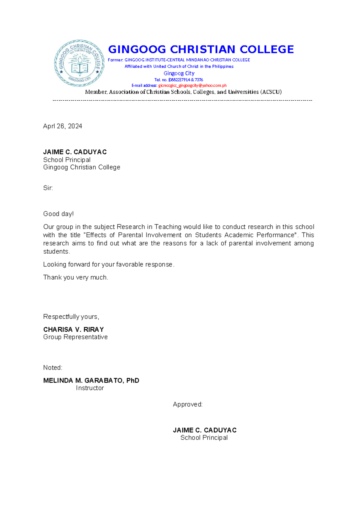 Letter nga insakto EDIT Nalang Dayon UBAN - GINGOOG CHRISTIAN COLLEGE ...