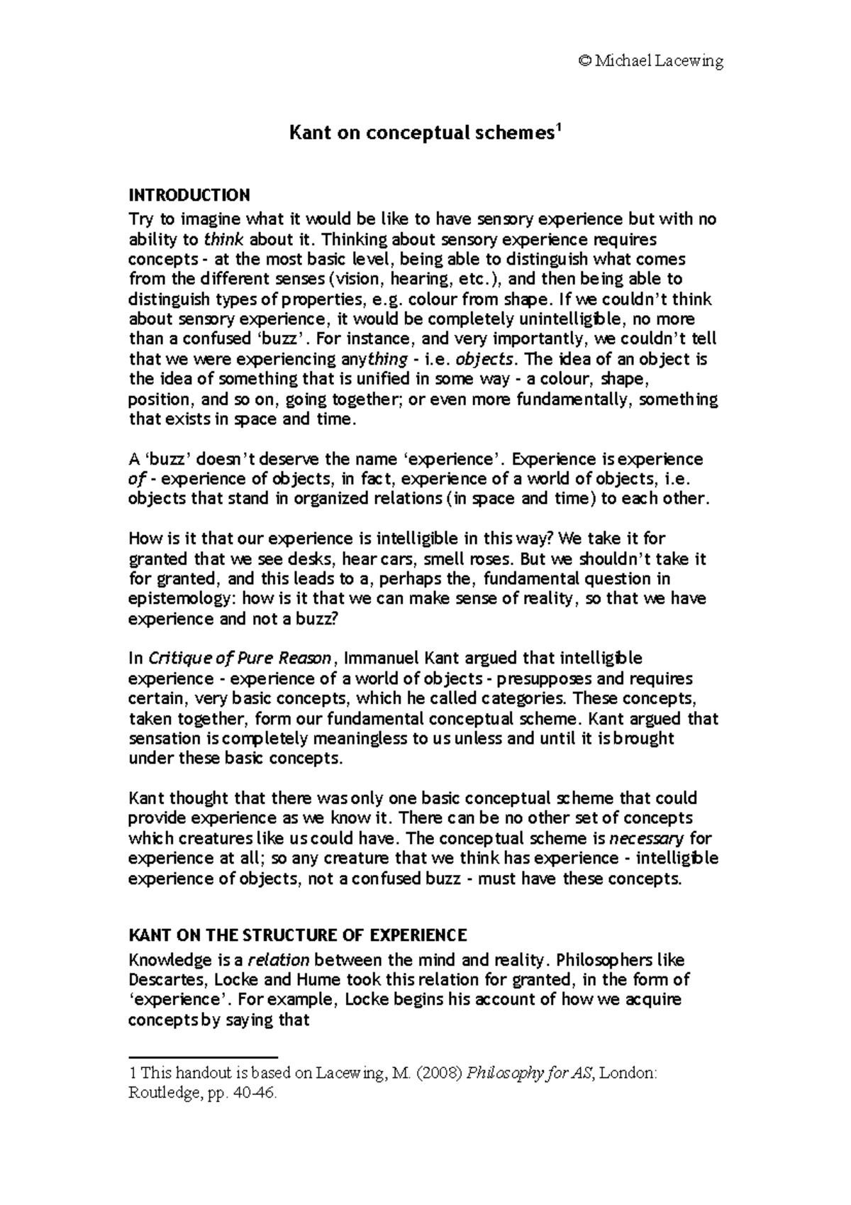 5 kant on conceptual schemes - © Michael Lacewing Kant on conceptual ...