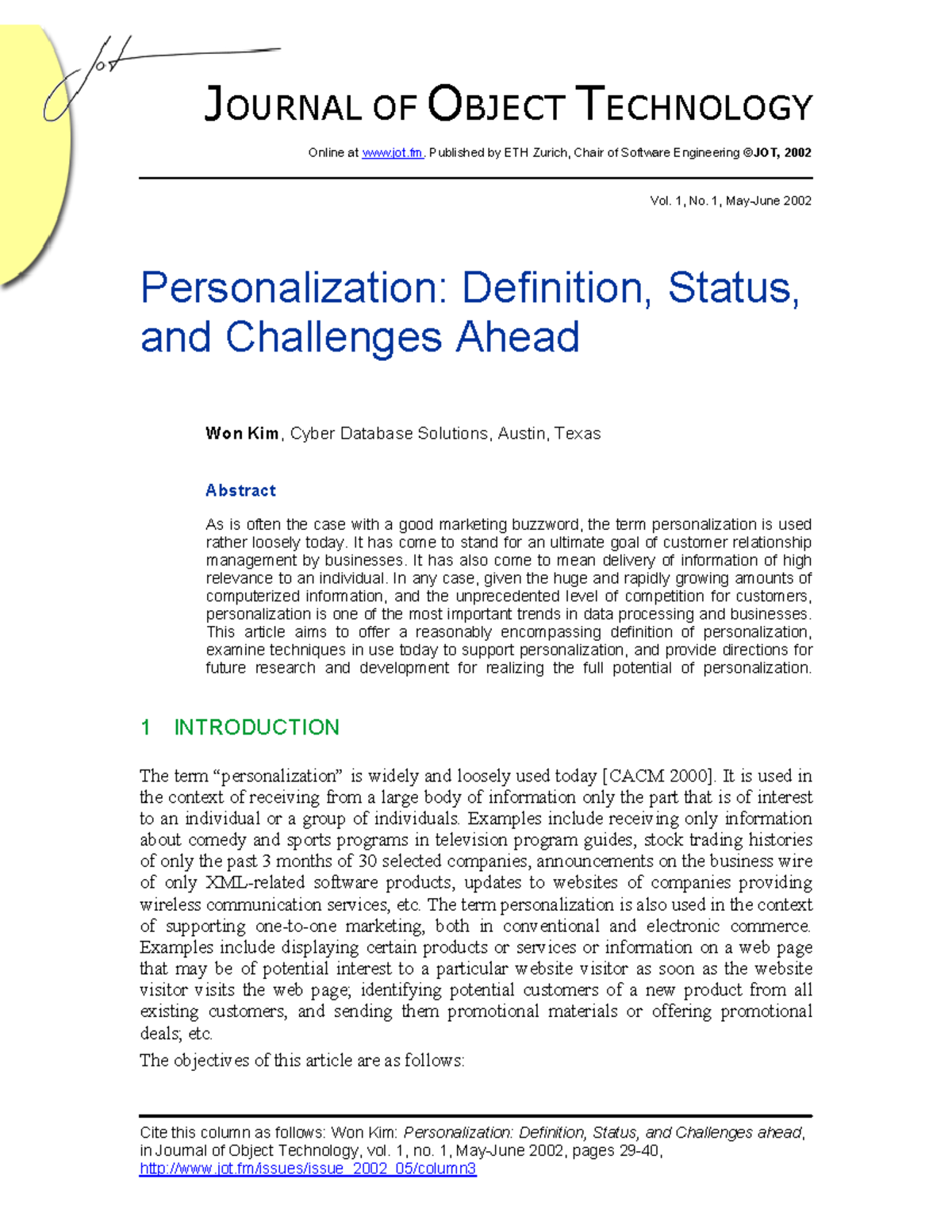 10 - Personalization- Definition, Status - JOURNAL OF O BJECT ...