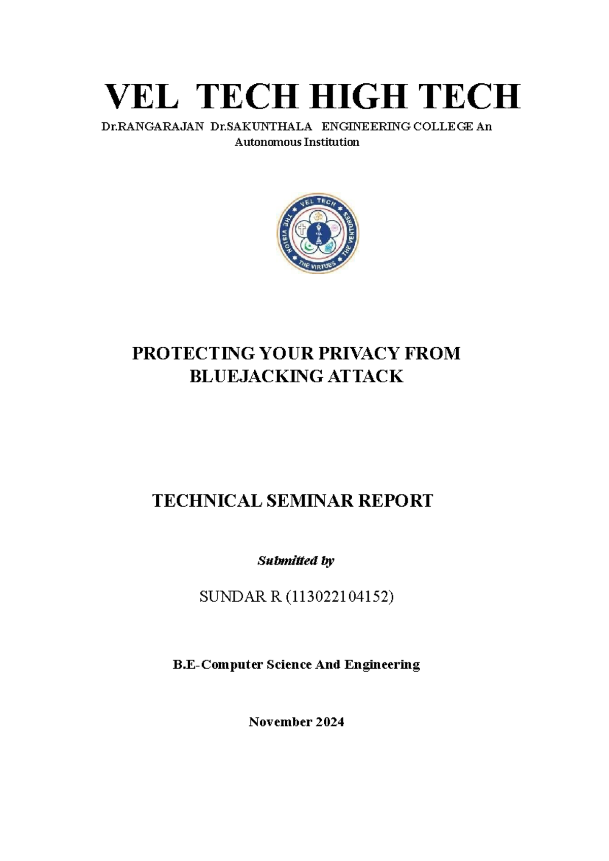 Sundar TECH Report (VH12429) - VEL TECH HIGH TECH Dr Dr ENGINEERING ...