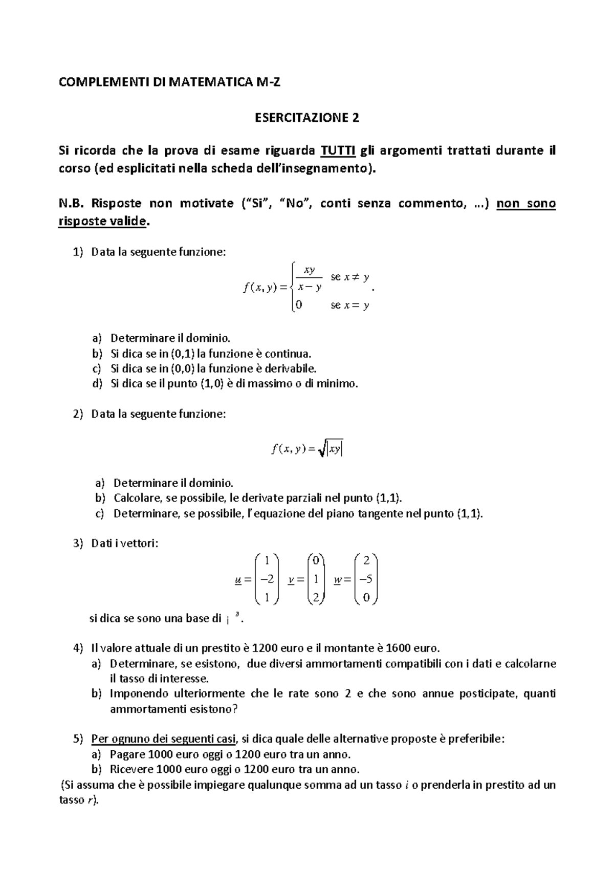 Complementi di matematica Esercitazione 2 - COMPLEMENTI DI MATEMATICA M ...