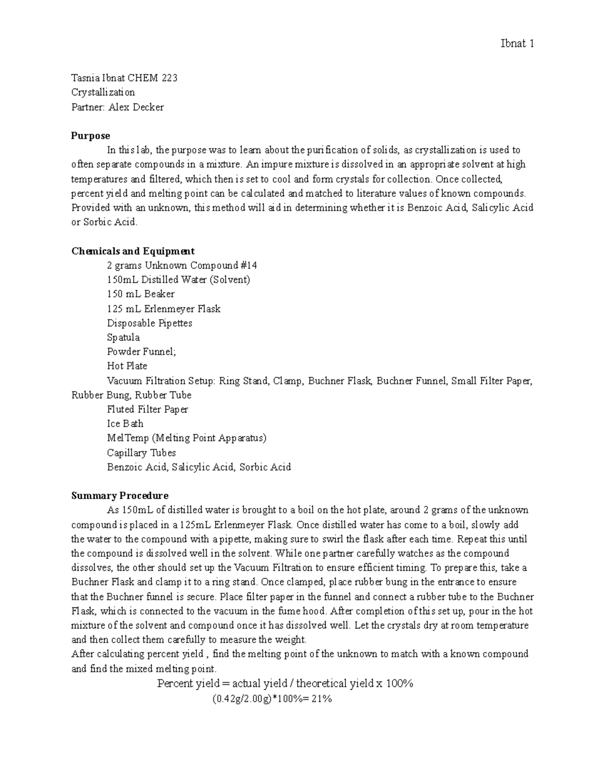 CHEM223 LAB Report 2 Crystallization - Tasnia Ibnat CHEM 223 ...