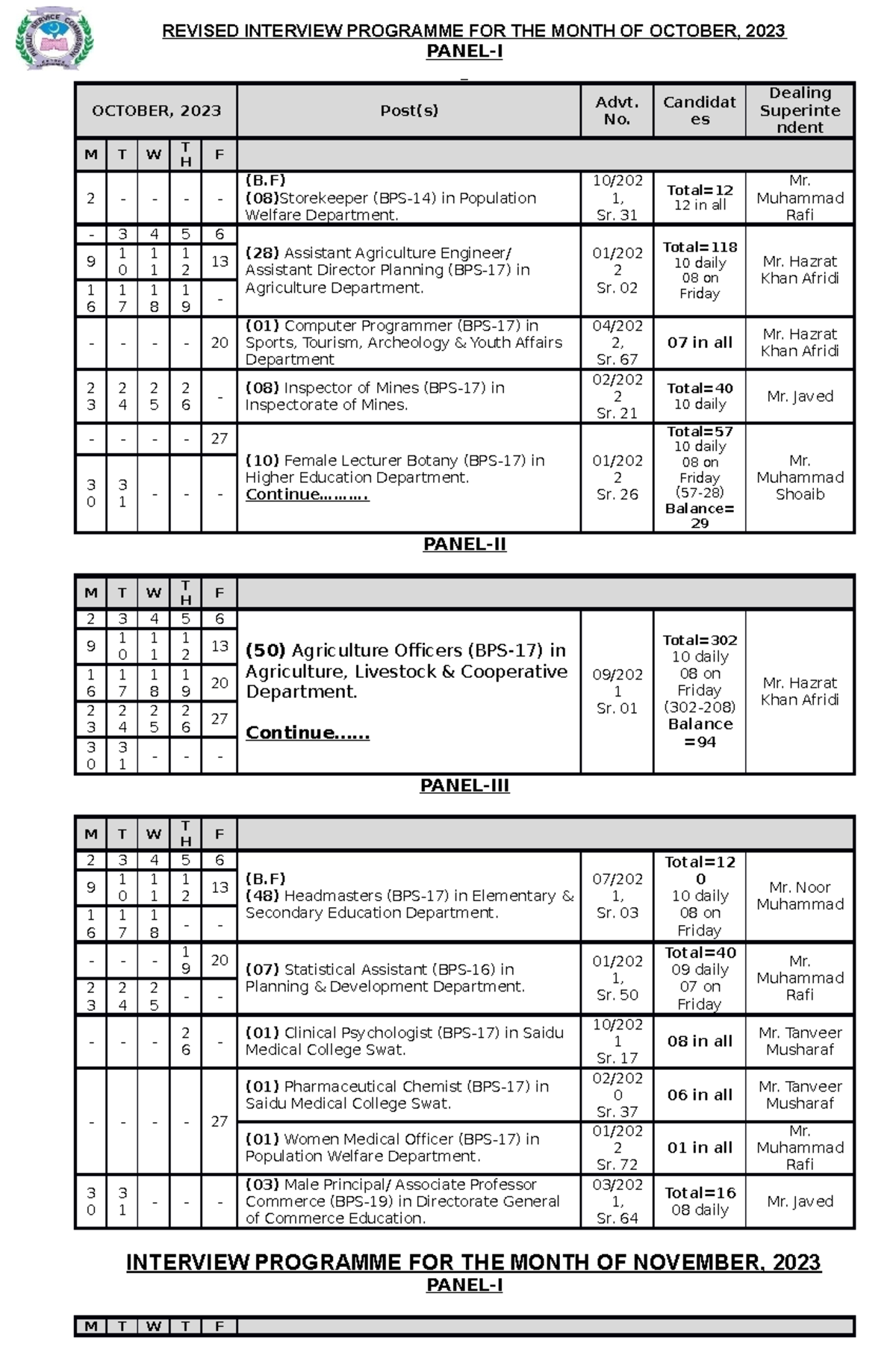 121 October 2023 Revised November 2023 - REVISED INTERVIEW PROGRAMME ...
