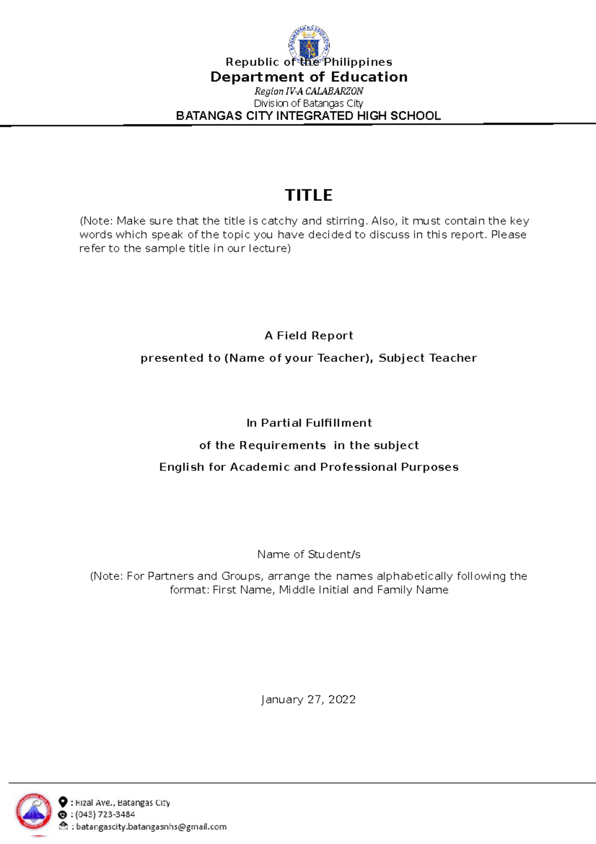 Field- Report- Template - Republic of the Philippines Department of ...